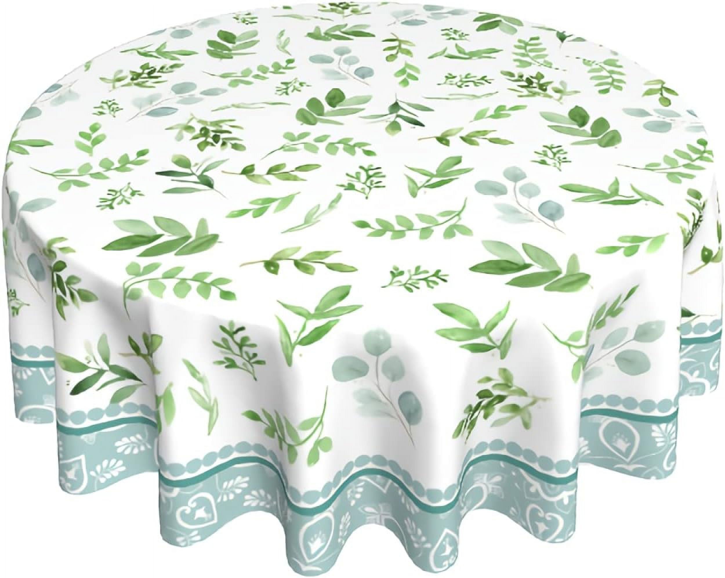 Green Leaves Sage Round Tablecloth 60 Inch - Waterproof & Wrinkle ...