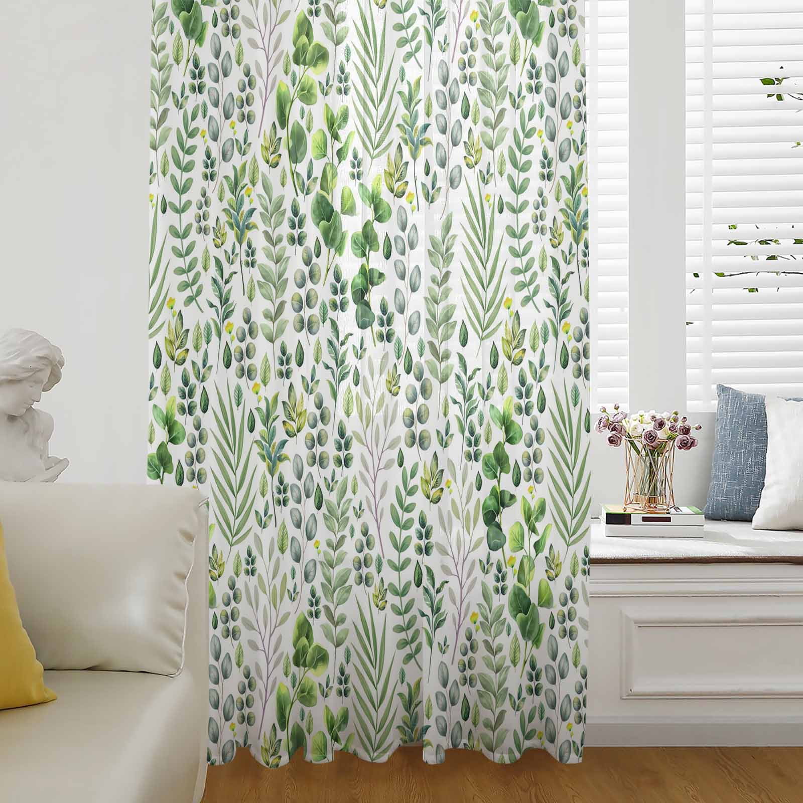 Green Leaves Semi Sheer Curtains Drapes for Living Room, Bedroom ...