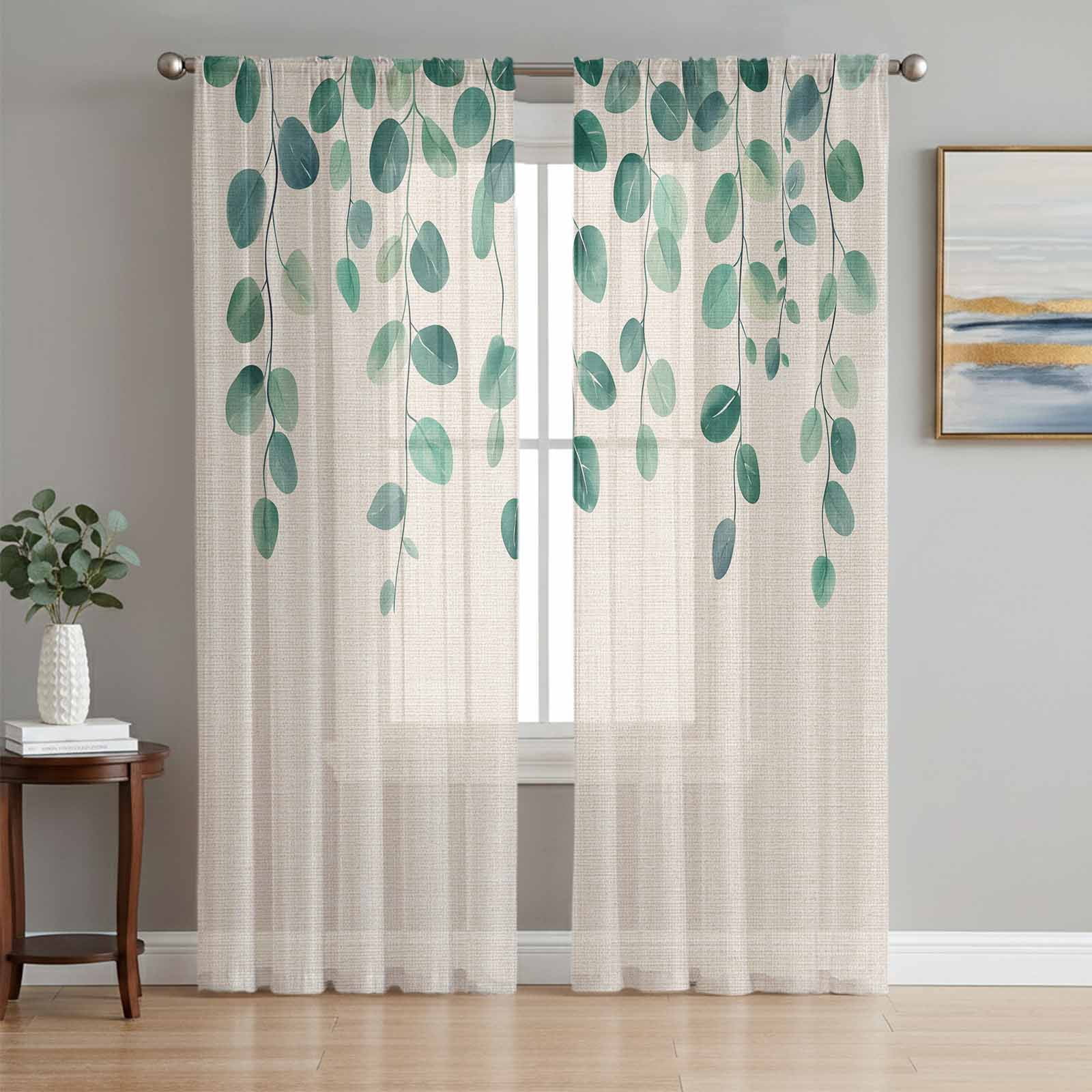 Green Leaves Sheer Curtains 84 Inch Length 2 Panels Set, Retro ...