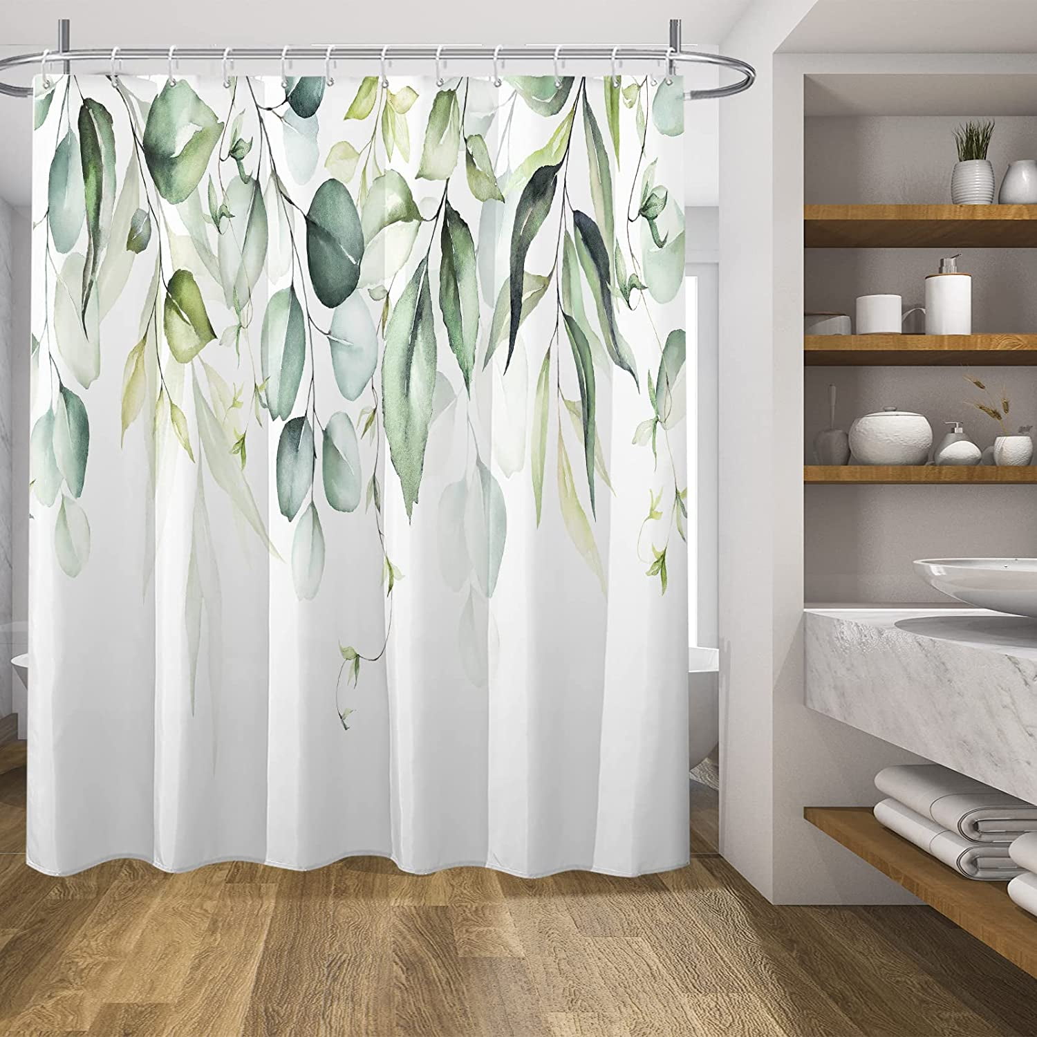 Green Leaves Shower Curtain Set, Watercolor Eucalyptus Leaf Shower ...