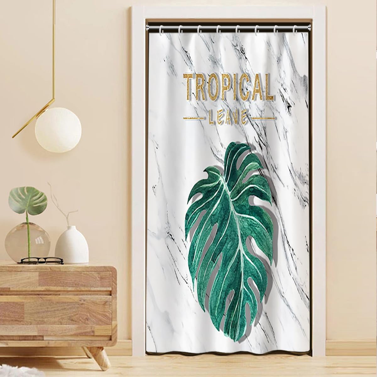 Green Leaves Shower Curtain Set with Hooks White Gray Marble Shower ...