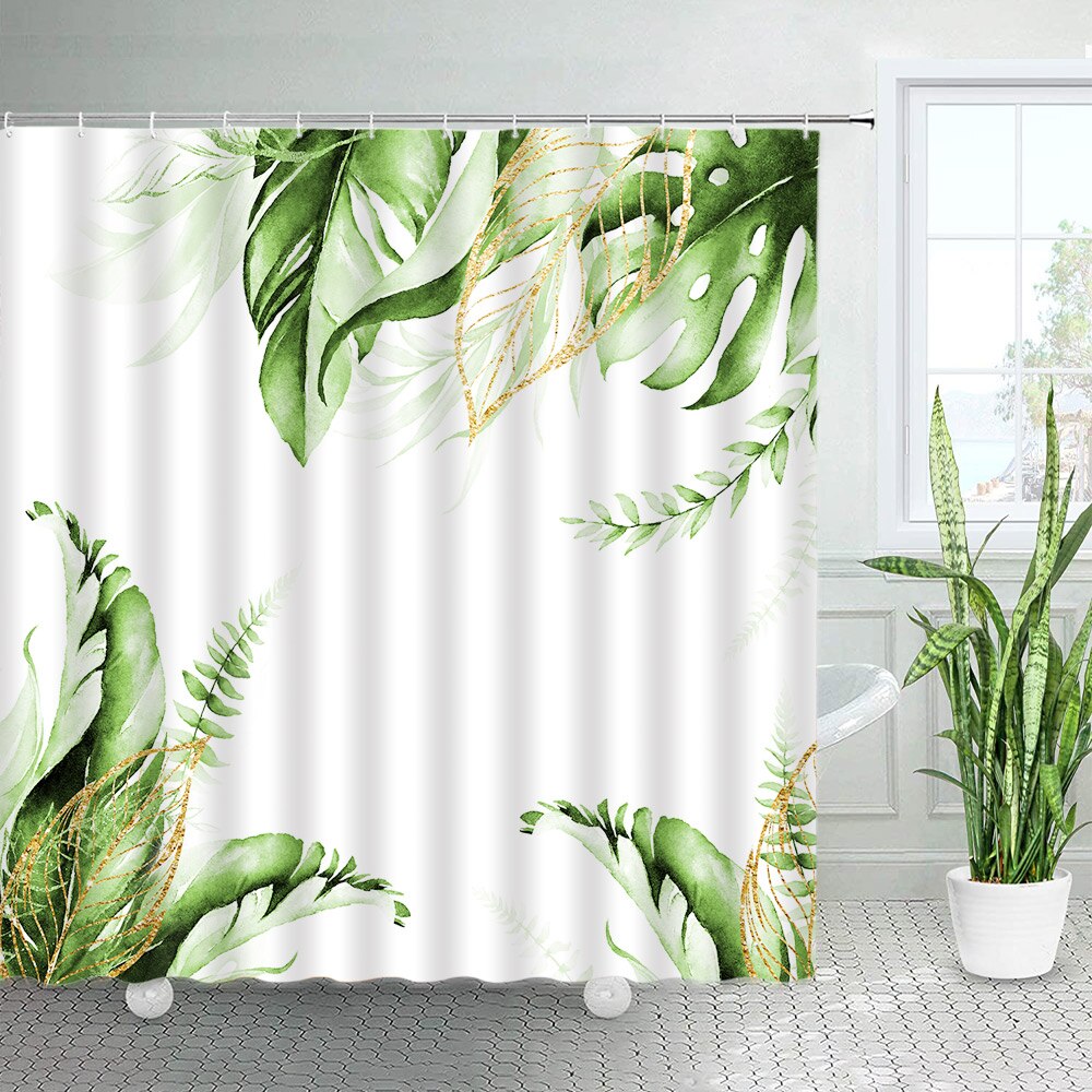 Green Leaves Shower Curtains Tropical Plant Watercolor Monstera Banana ...