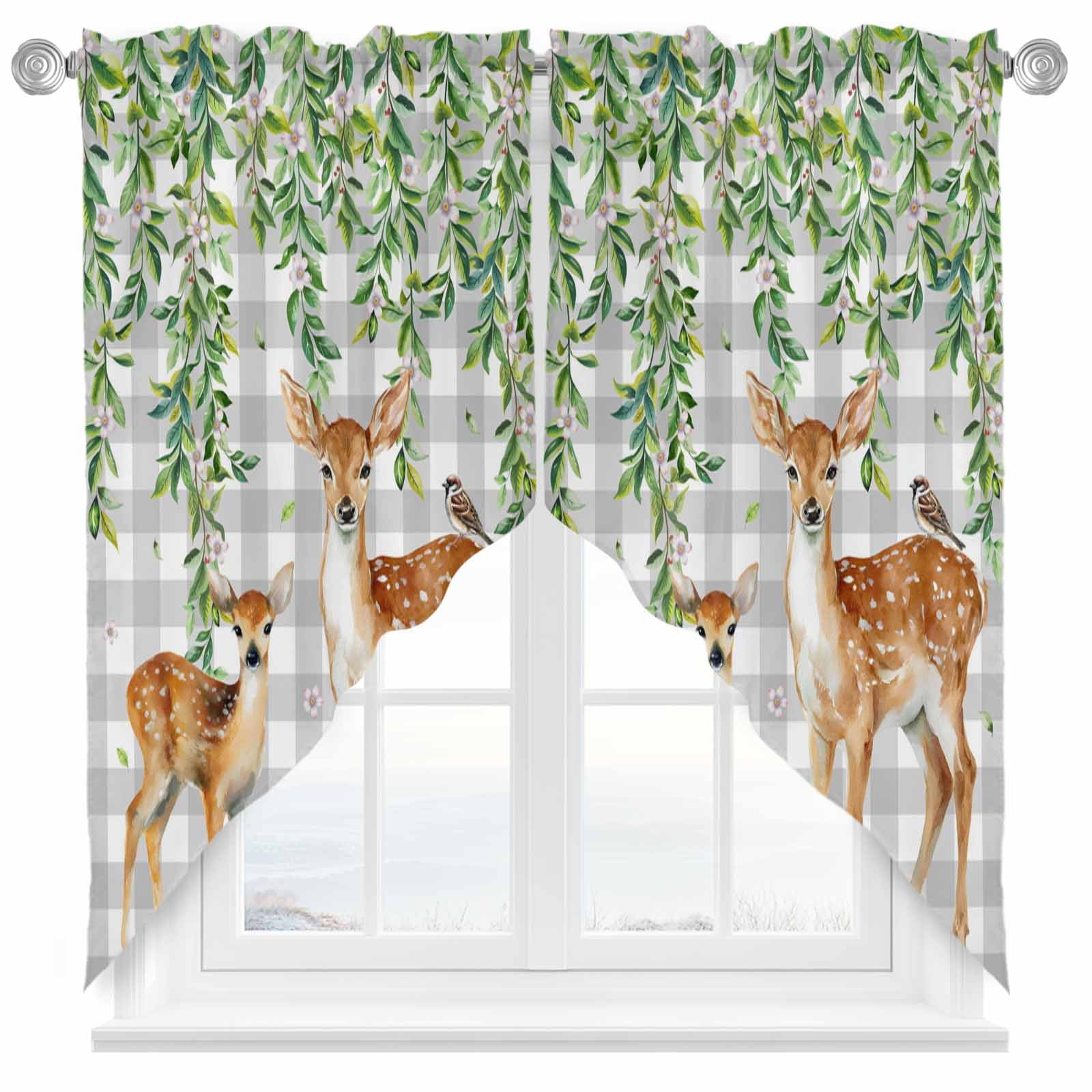 Green Leaves Swag Kitchen Curtain Valances, Falling Green Leaf Floral ...