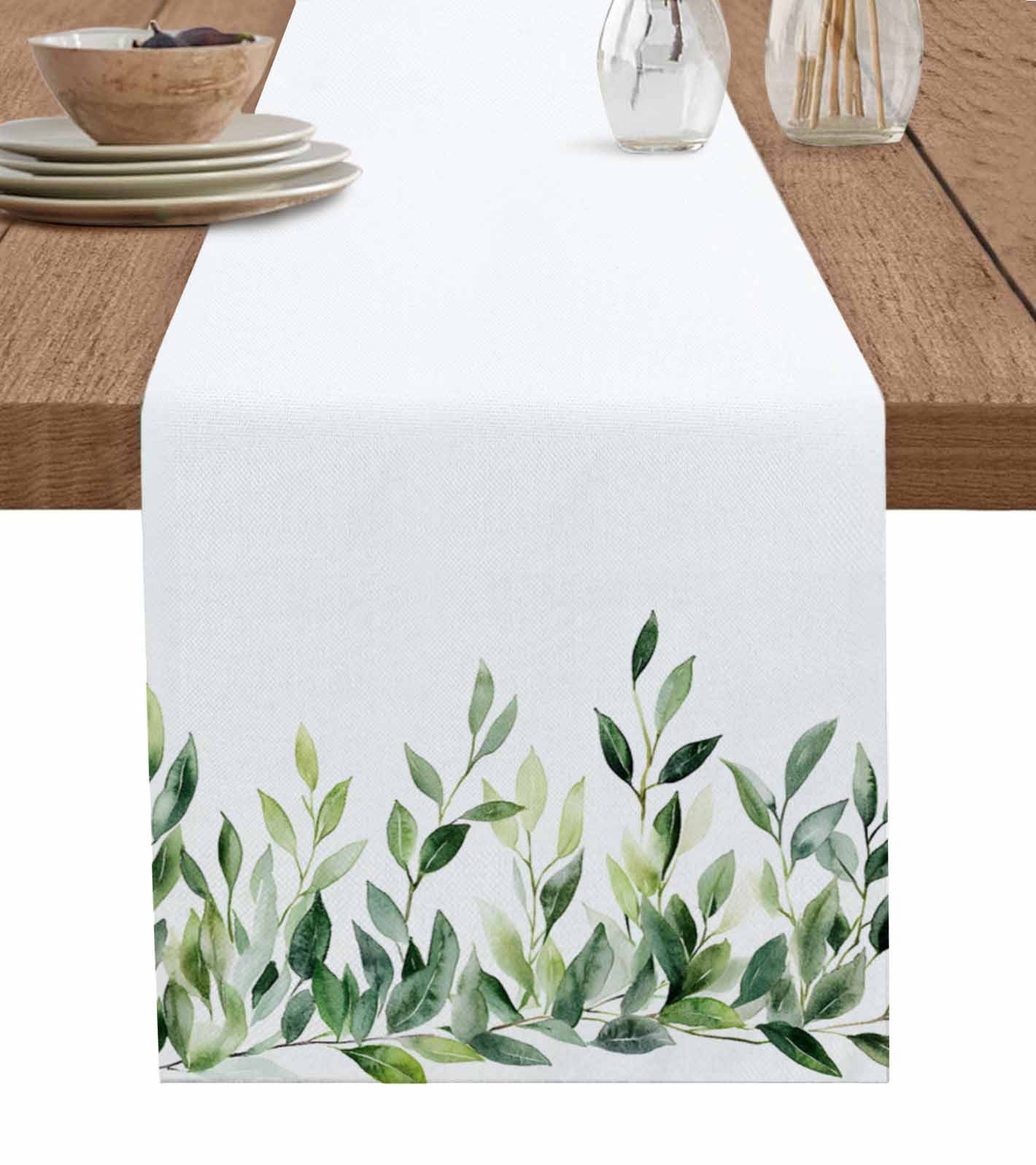 Green Leaves Table Runner 72 Inches, Farmhouse Simple Botanical Plants ...