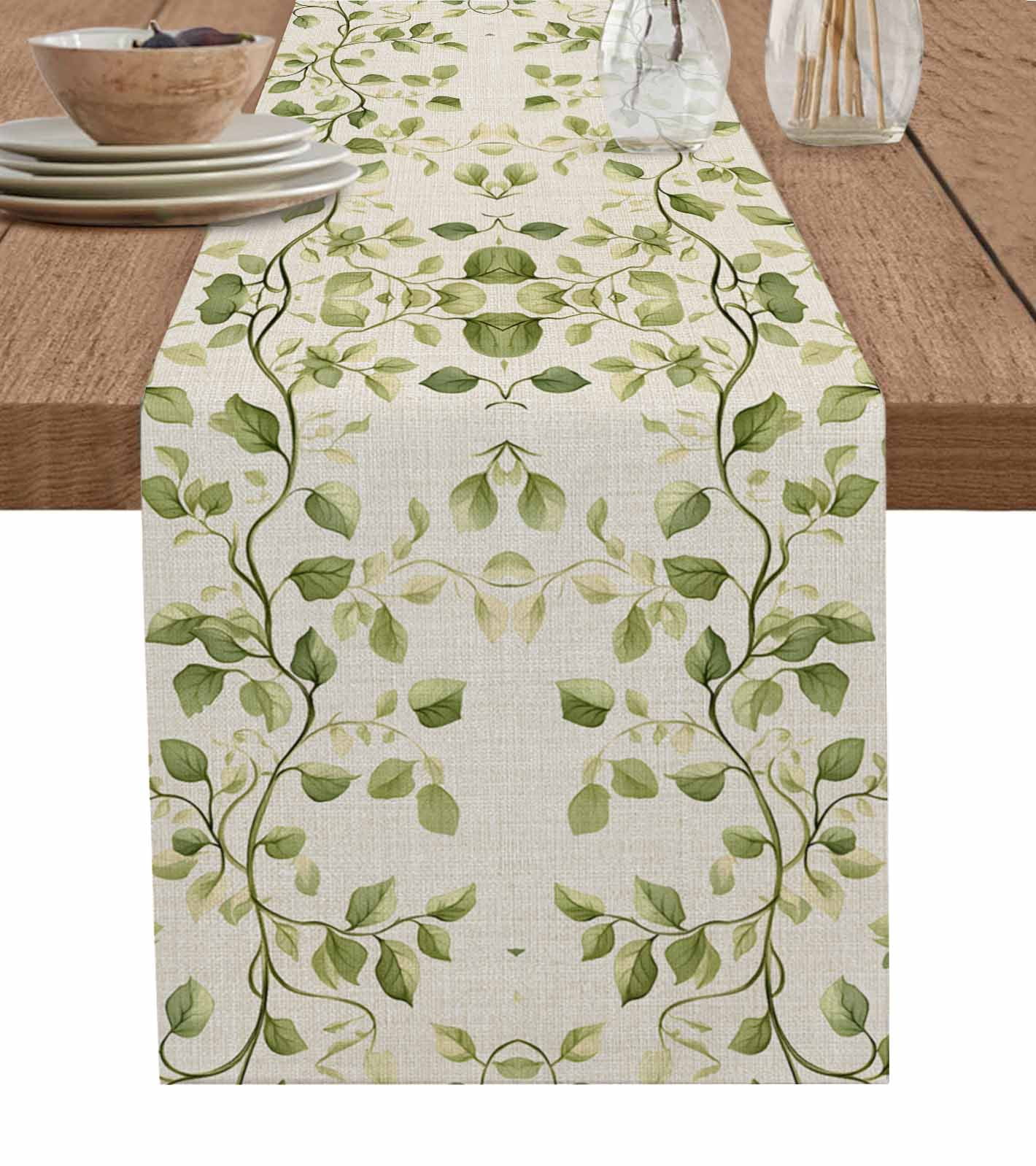 Green Leaves Table Runner 90 Inches, Spring Retro Watercolor Pastoral ...