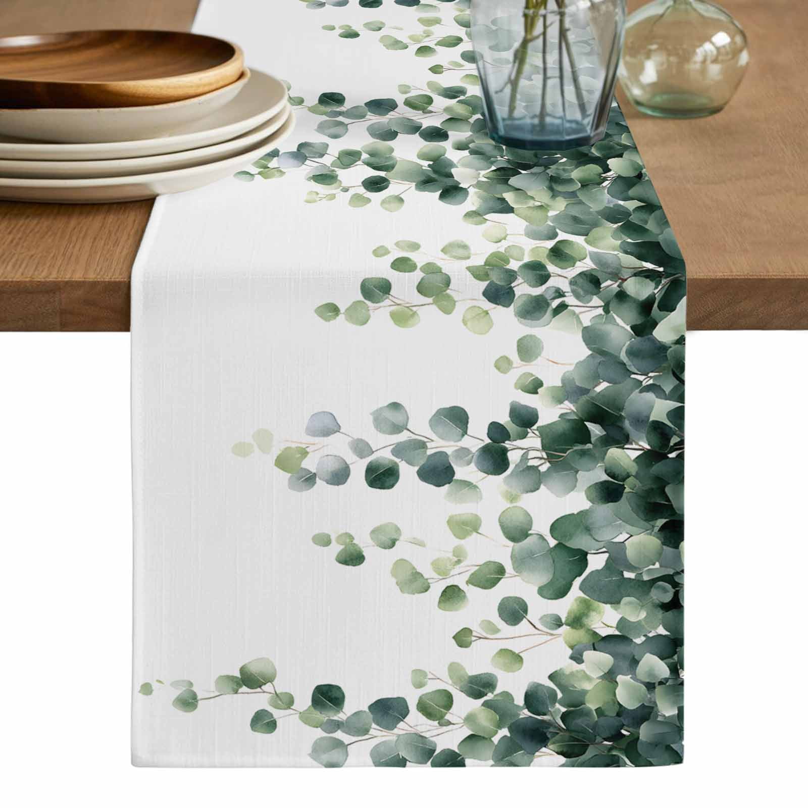 Green Leaves Table Runner, Watercolor Spring Eucalyptus Branches ...