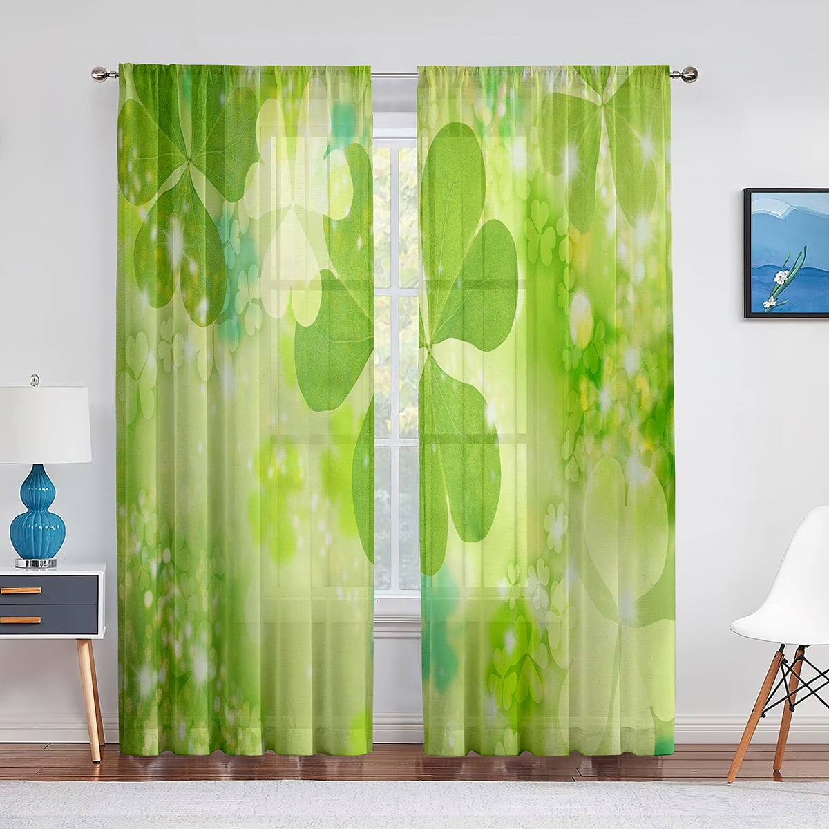 Green Leaves Tree Branch Print Chiffon Sheer Curtains for Living Room ...