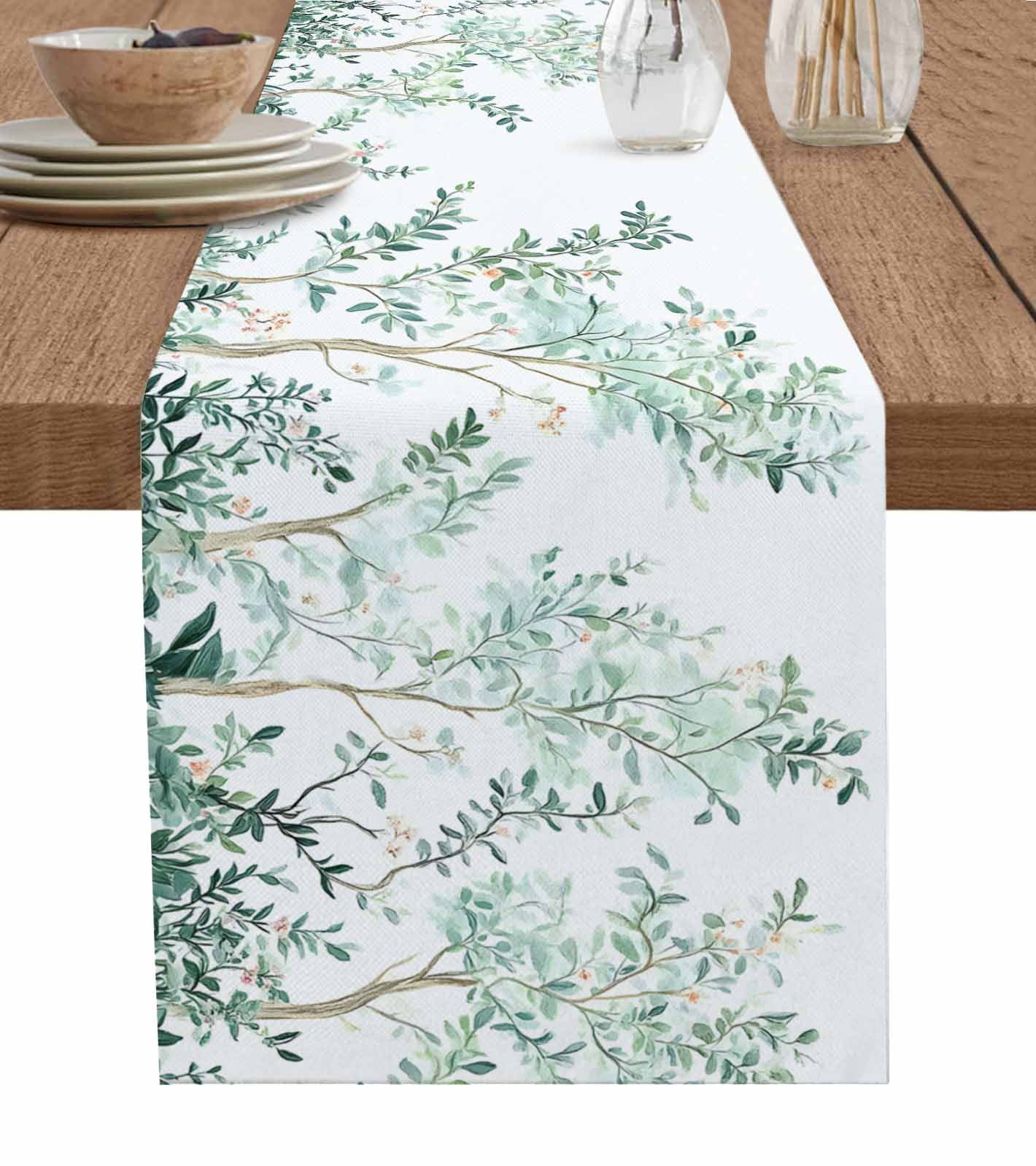 Green Leaves Trees Table Runner 72 Inches, Summer Botanical Eucalyptus ...