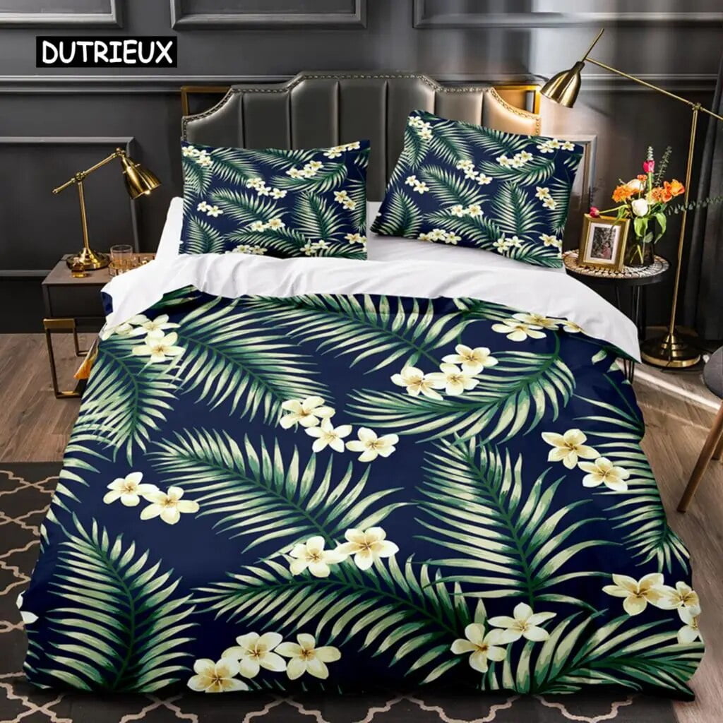 Green Leaves Tropical Duvet Cover Palm Leaf King Bedding Set Comforter