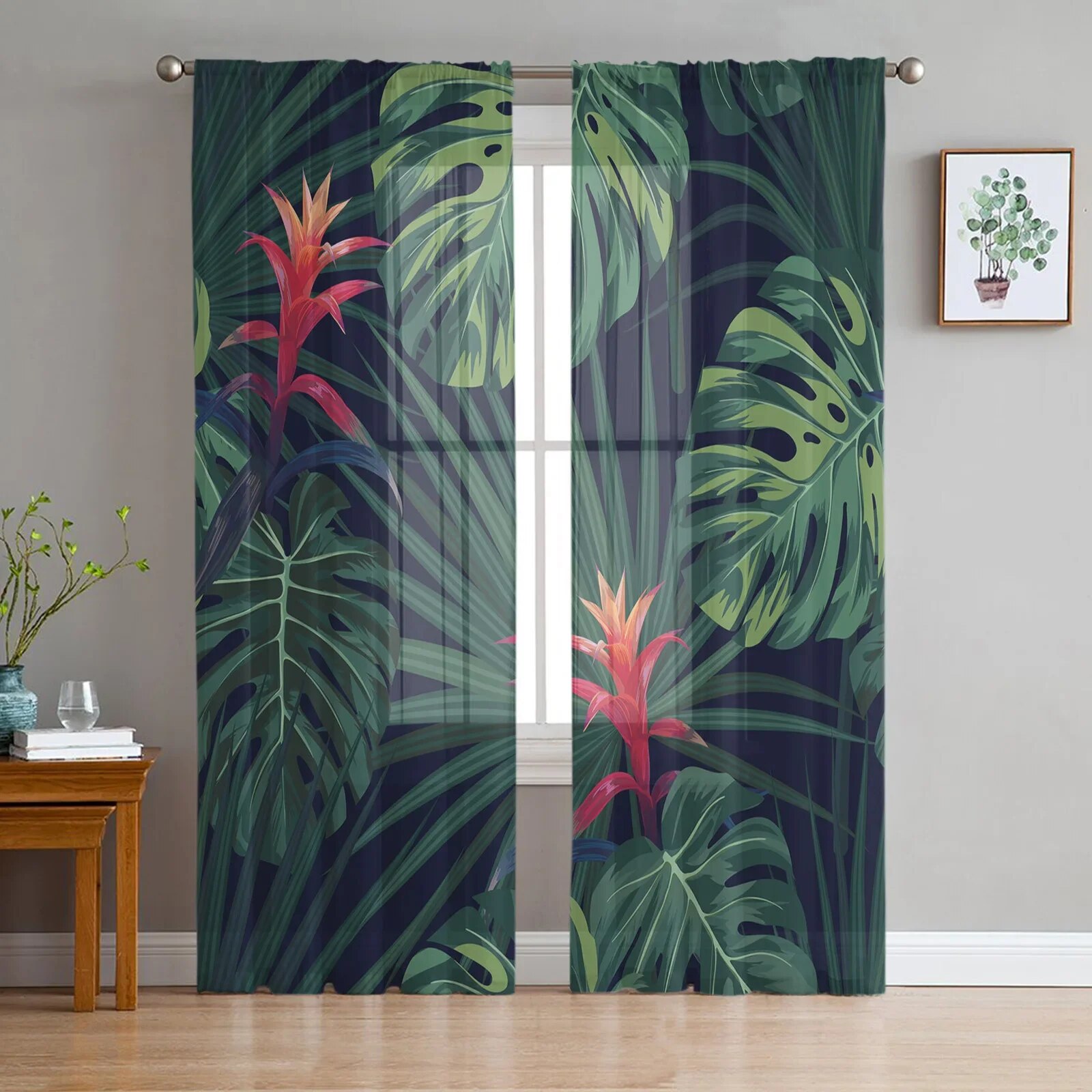 Green Leaves Tropical Jungle Plant Tulle Sheer Window Curtains for ...