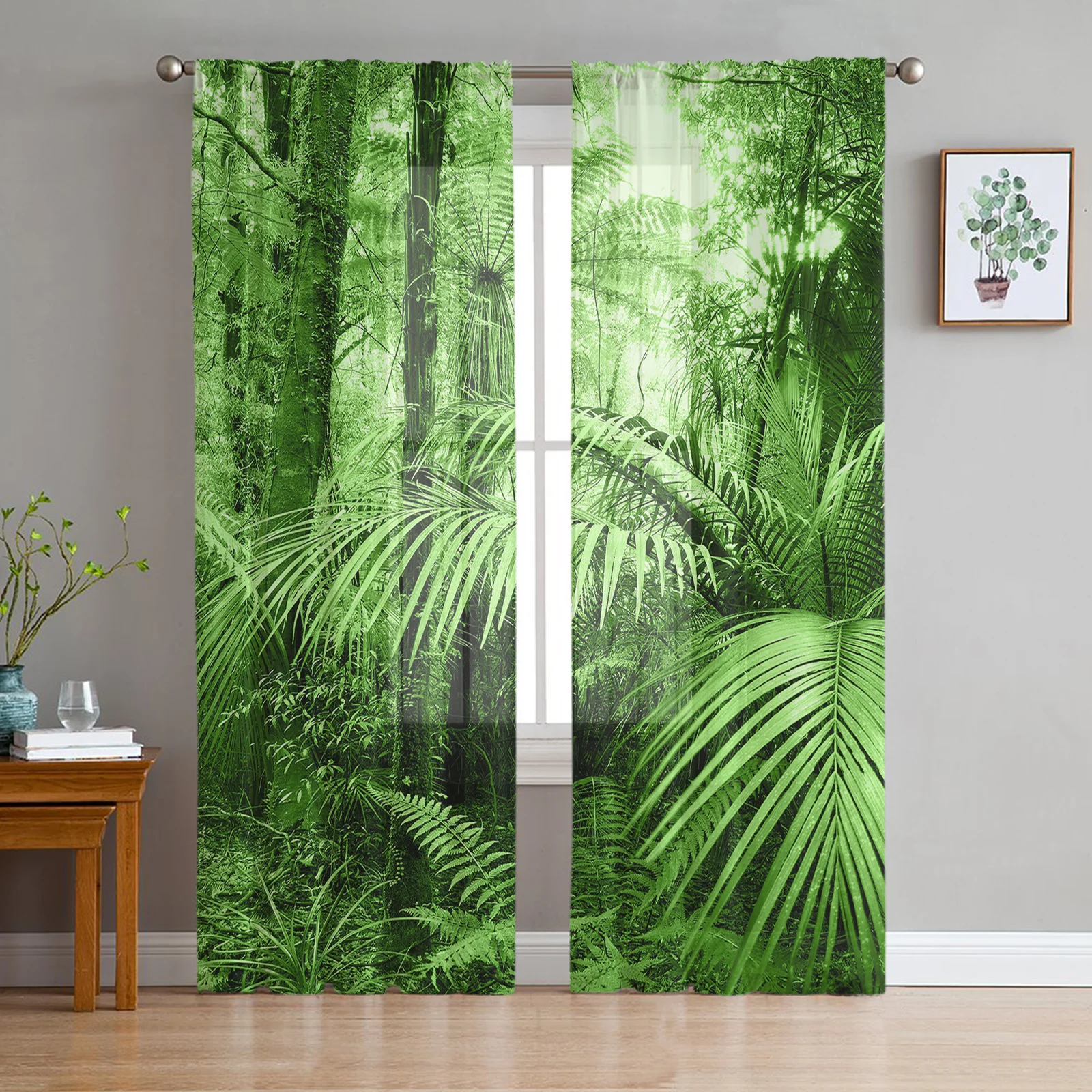Green Leaves Tropical Jungle Plant Tulle Sheer Window Curtains for ...