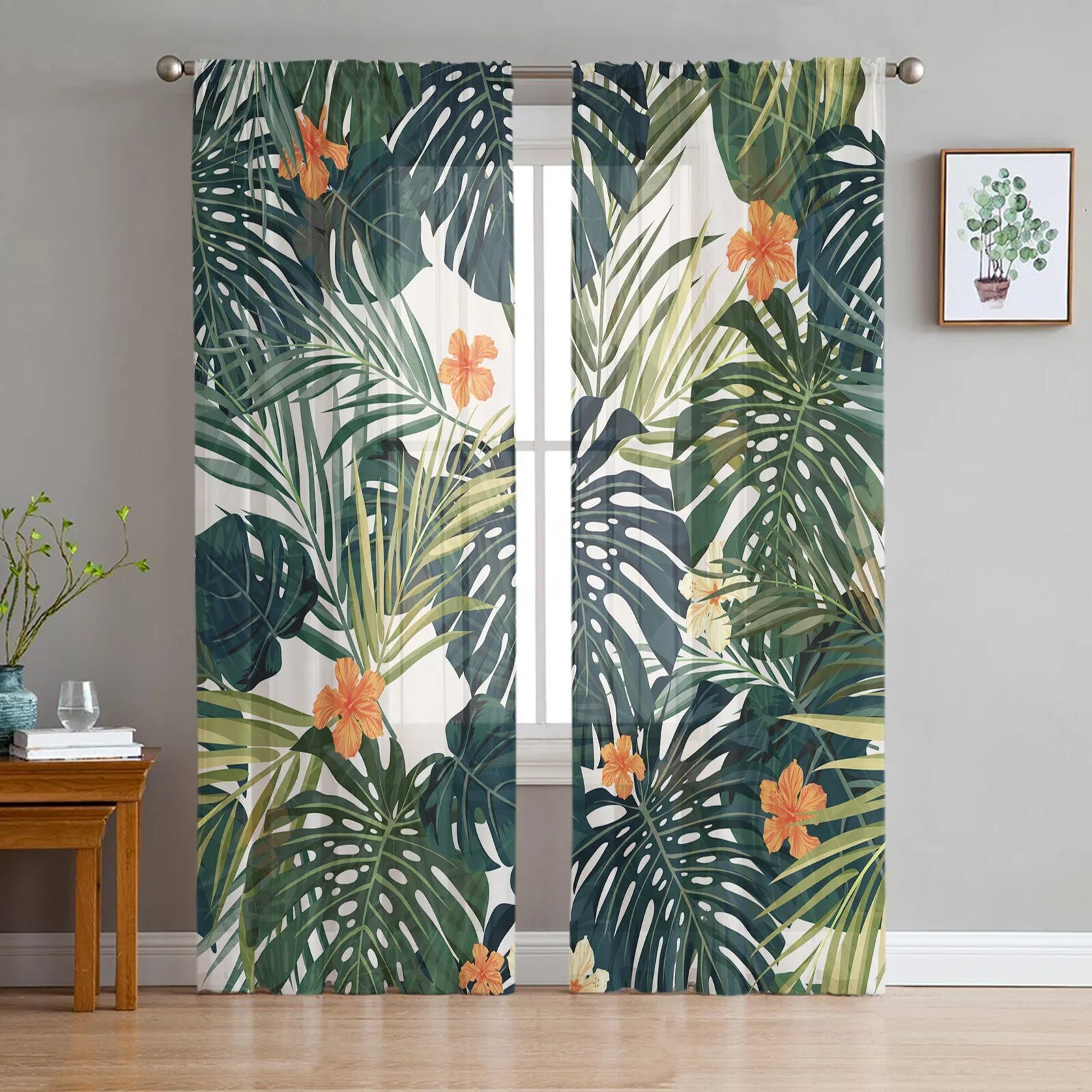Green Leaves Tropical Jungle Plant Tulle Sheer Window Curtains for ...