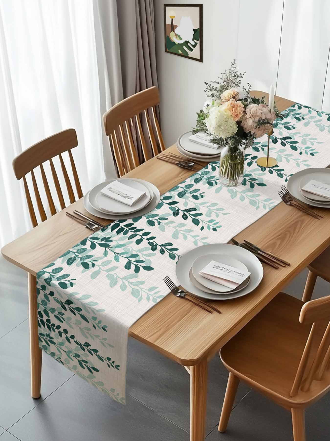 Green Leaves Watercolor Foliage Rattan Table Runner 13x70in Non-Slip ...