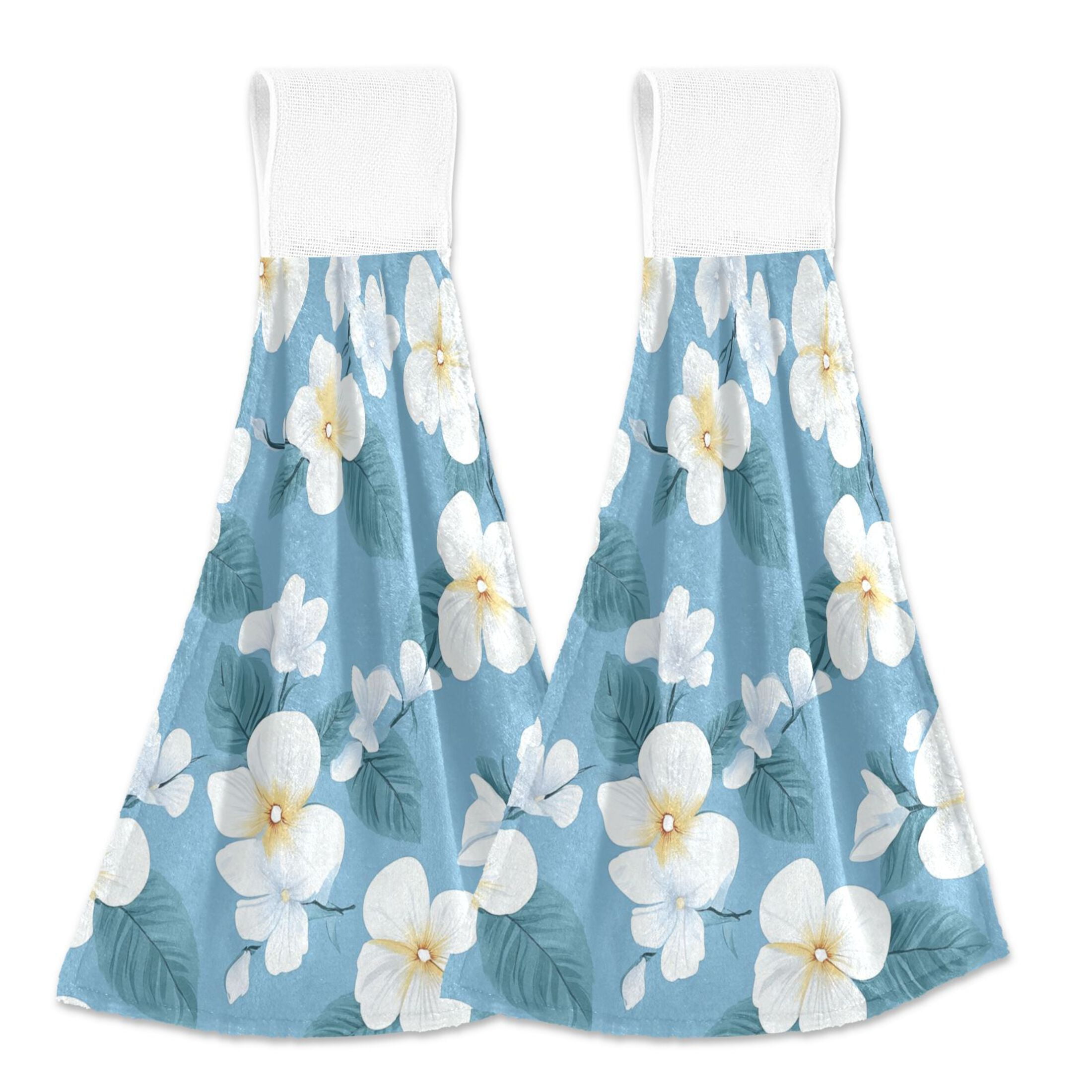 Green Leaves White Florals Hanging Towels with Loop Hand Towels Nylon ...