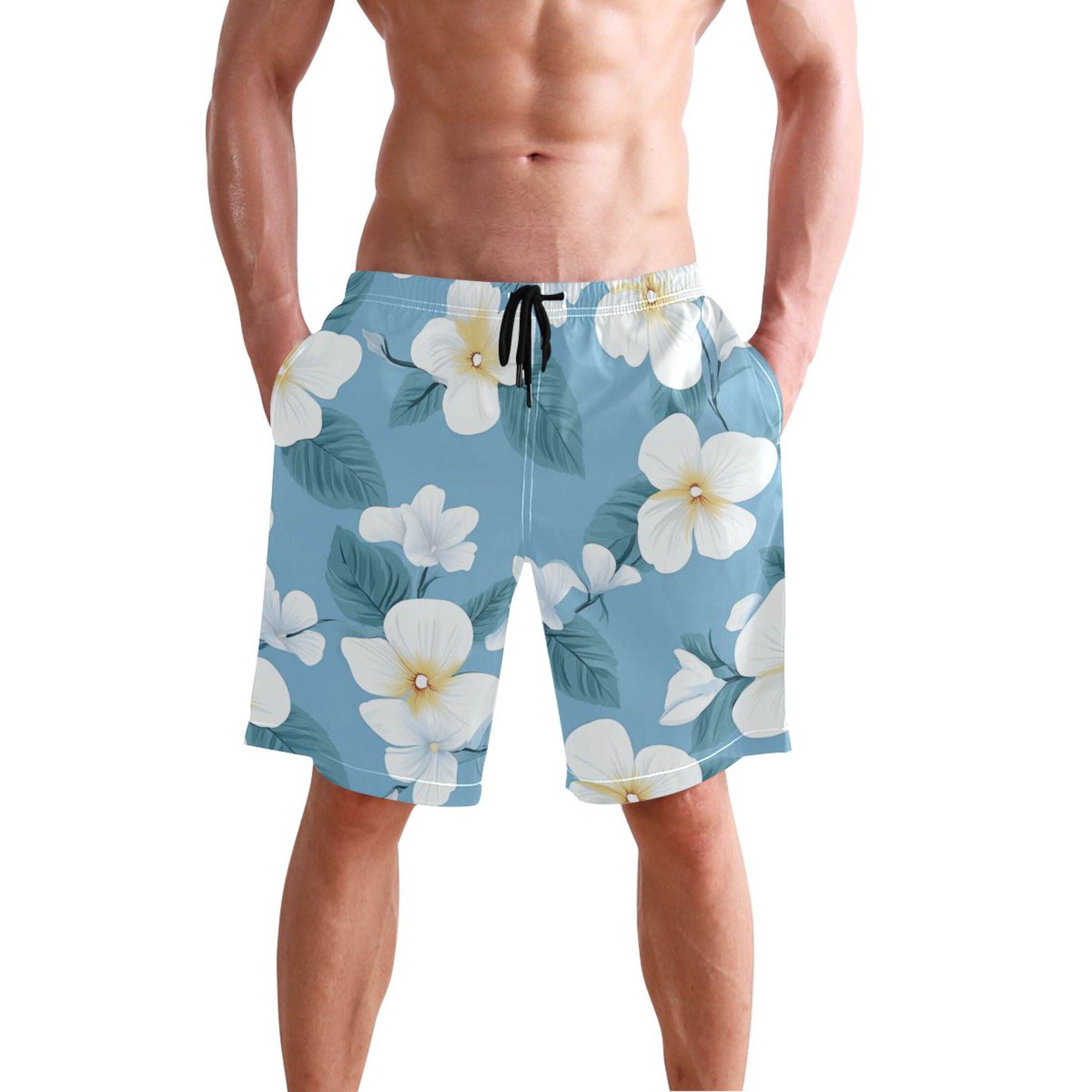 Green Leaves White Flowers Men's Swim Trunks Beach Shorts Bathing ...