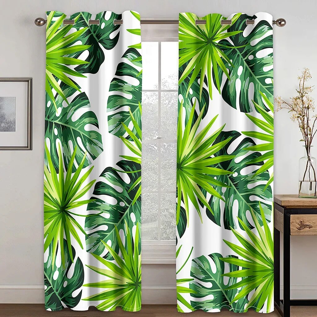 Green Leaves Window Curtain Living Room Semi-Shading Outdoor Decorative ...