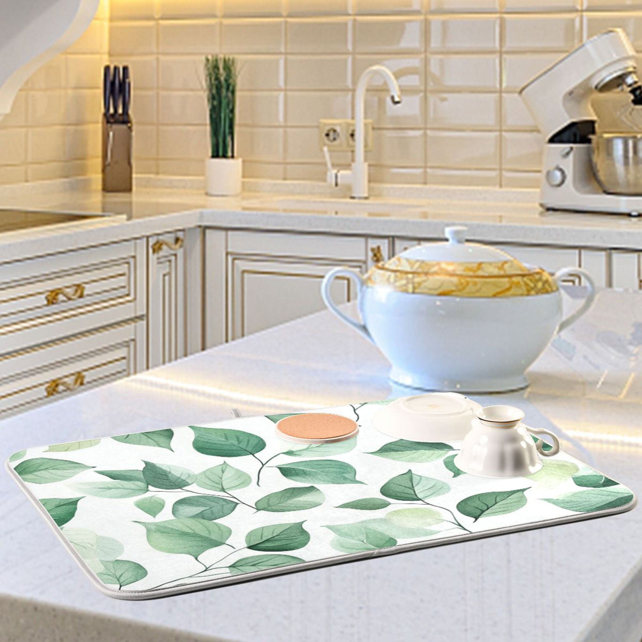 Green Leaves on White Background Dish Drying Mats for Kitchen Counter ...