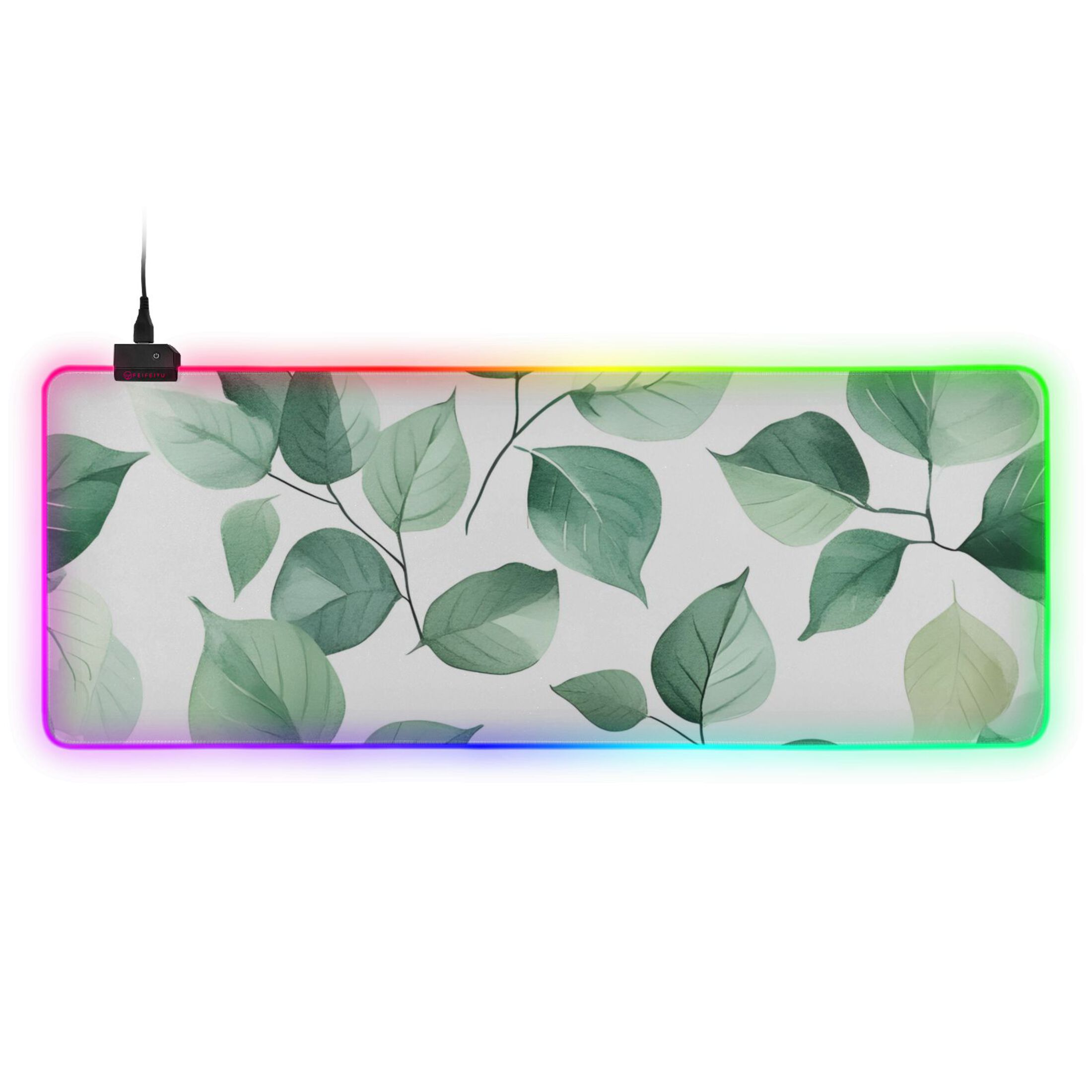 Green Leaves on White Background RGB Gaming Mouse Pad Large Keyboard ...