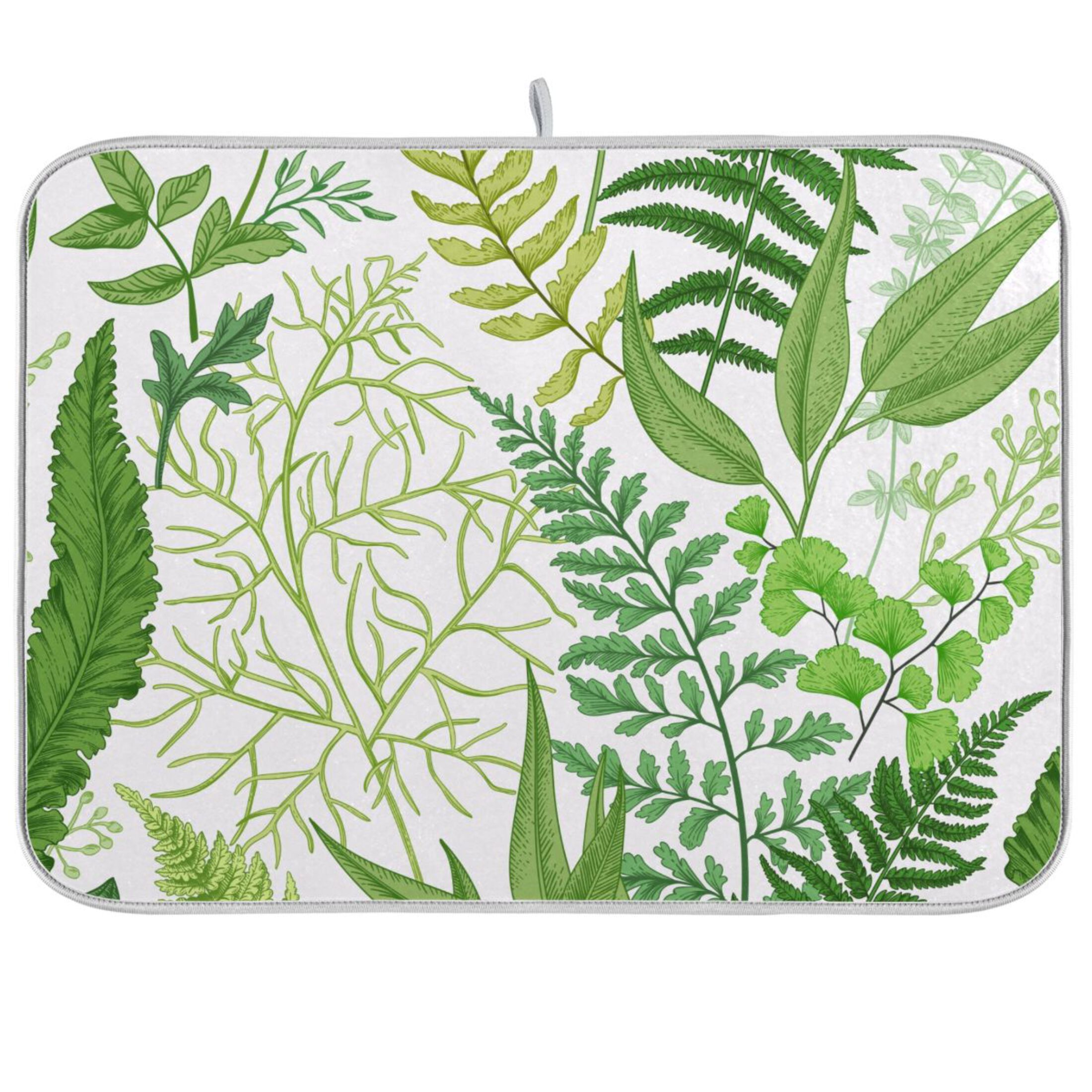 Green Leaves on White Dish Drying Mat Microfiber Kitchen Mats Large ...