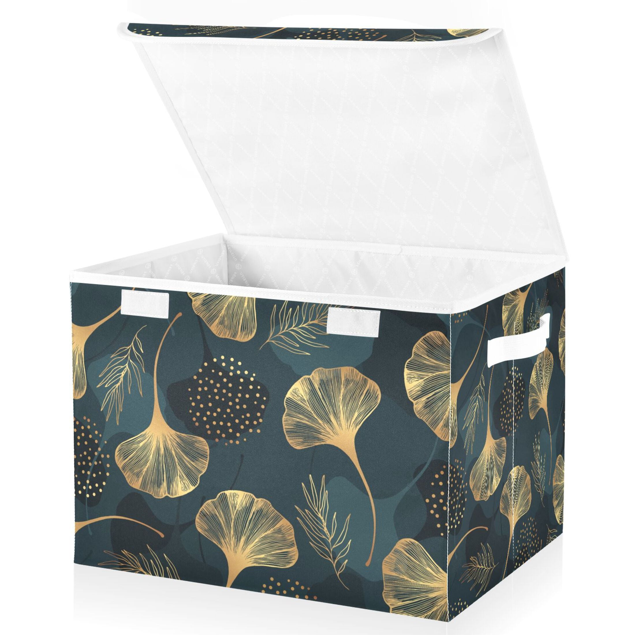 Green Leaves with Golden Large Lidded Storage Bin Foldable Storage ...
