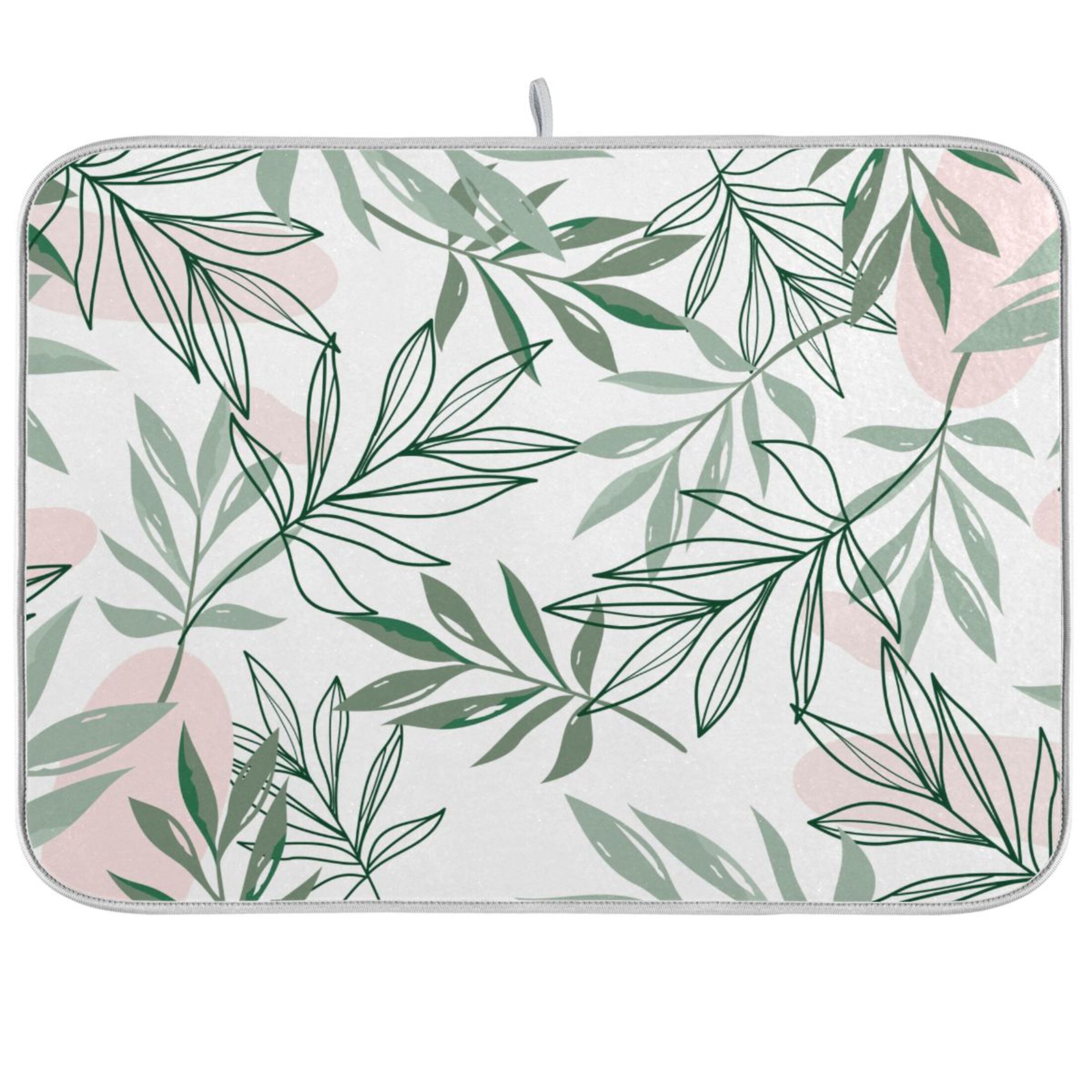 Green Leaves with Pink Dish Drying Mat Microfiber Kitchen Pad Large ...