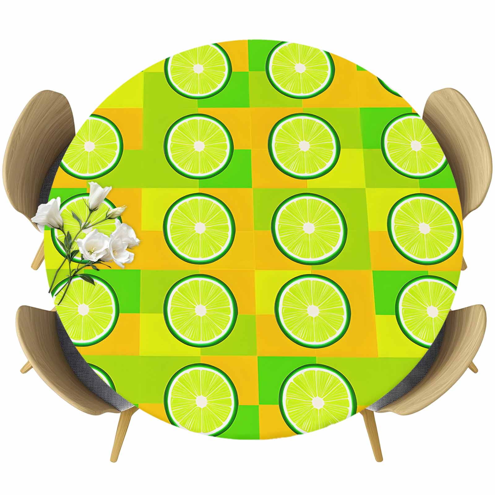 Green Lemon Plaid Round Tablecloth 55-60 Inch Round Fitted Table Cloth ...