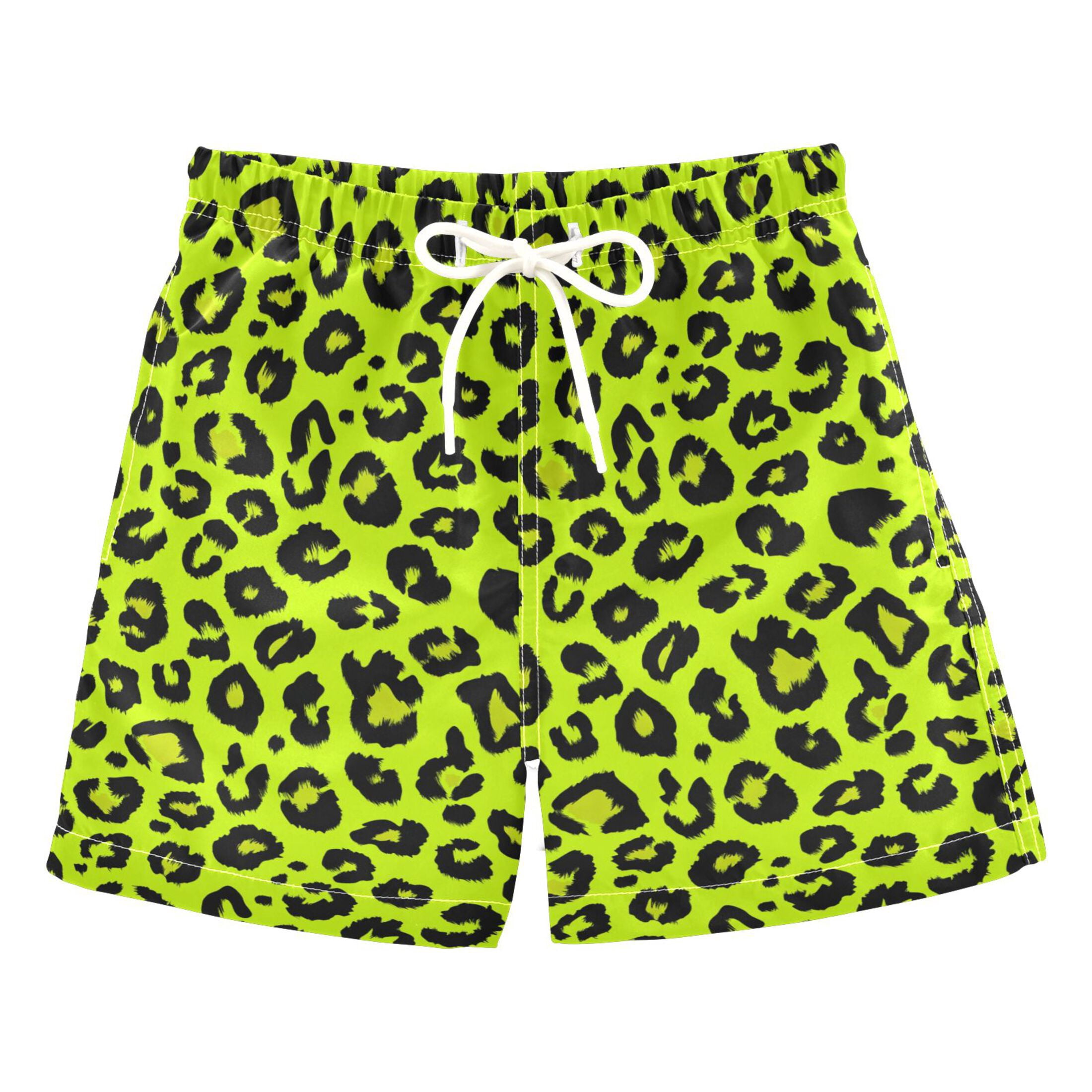 Green Leopard Pattern Swim Trunks Quick Dry Beach Pool Board Shorts ...