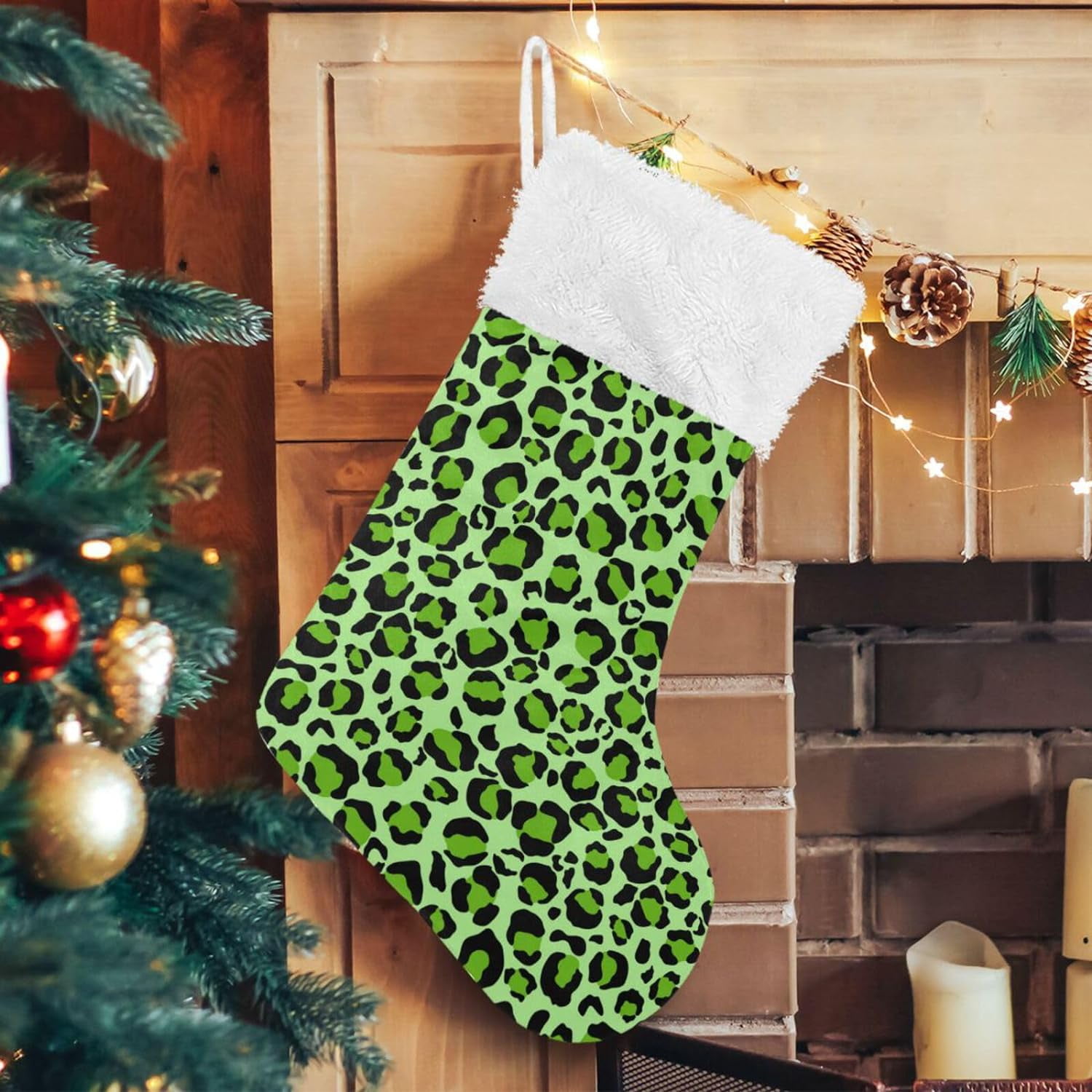 Green Leopard Print Large Christmas Stockings, Hanging Xmas Stockings ...