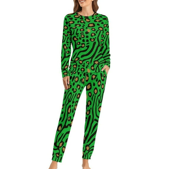 Green Leopard Print Pajamas Woman Two Piece Design Long Sleeves ...