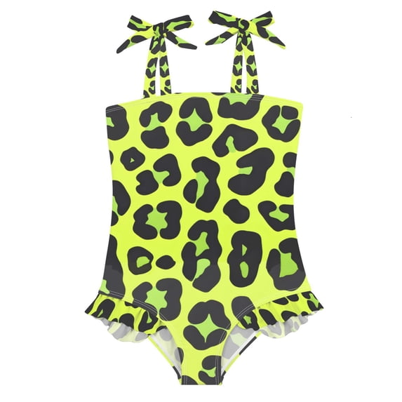 Green Leopard Print Pattern Girls' One-Piece Swimsuit Bowknot Tie ...