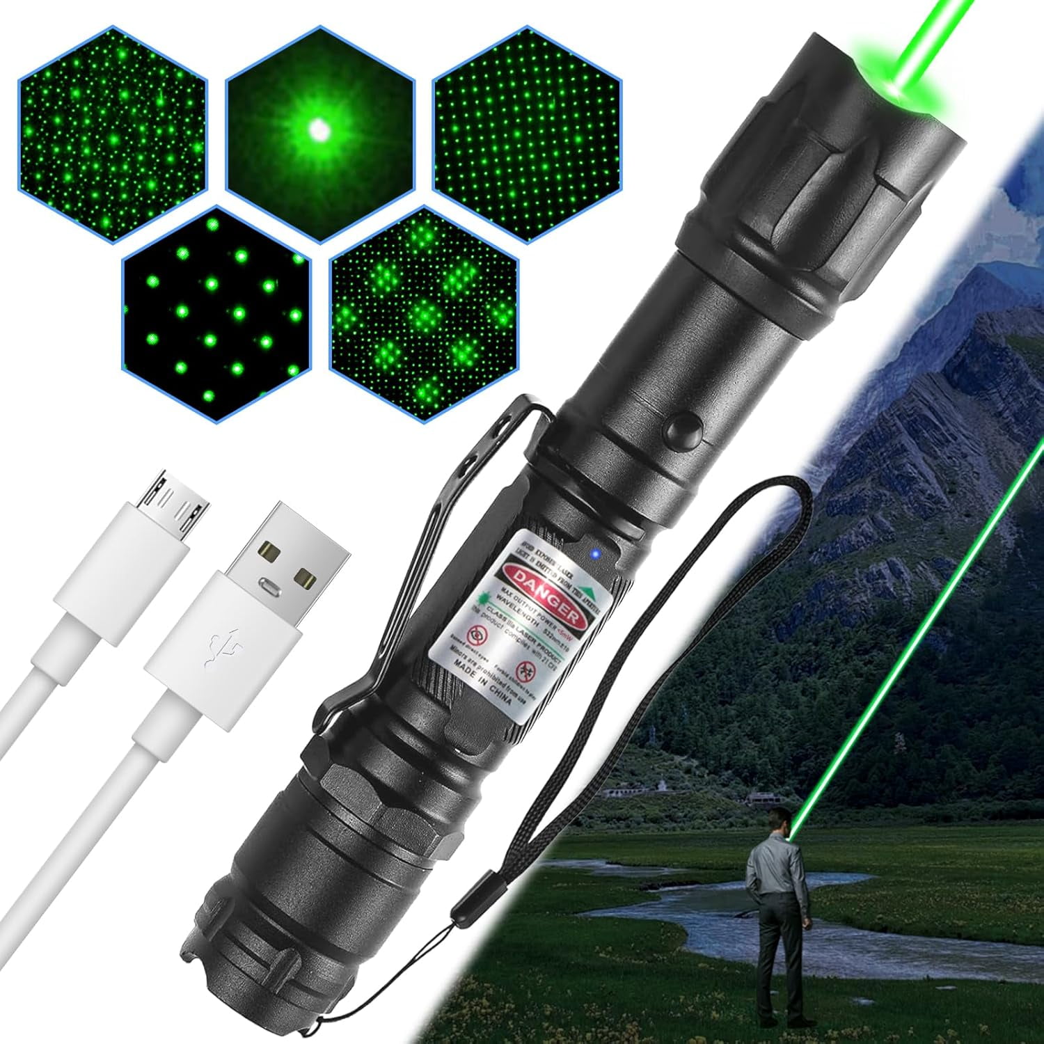 Green Light Flashlight Rechargeable, Long Range Adjustable Focus ...