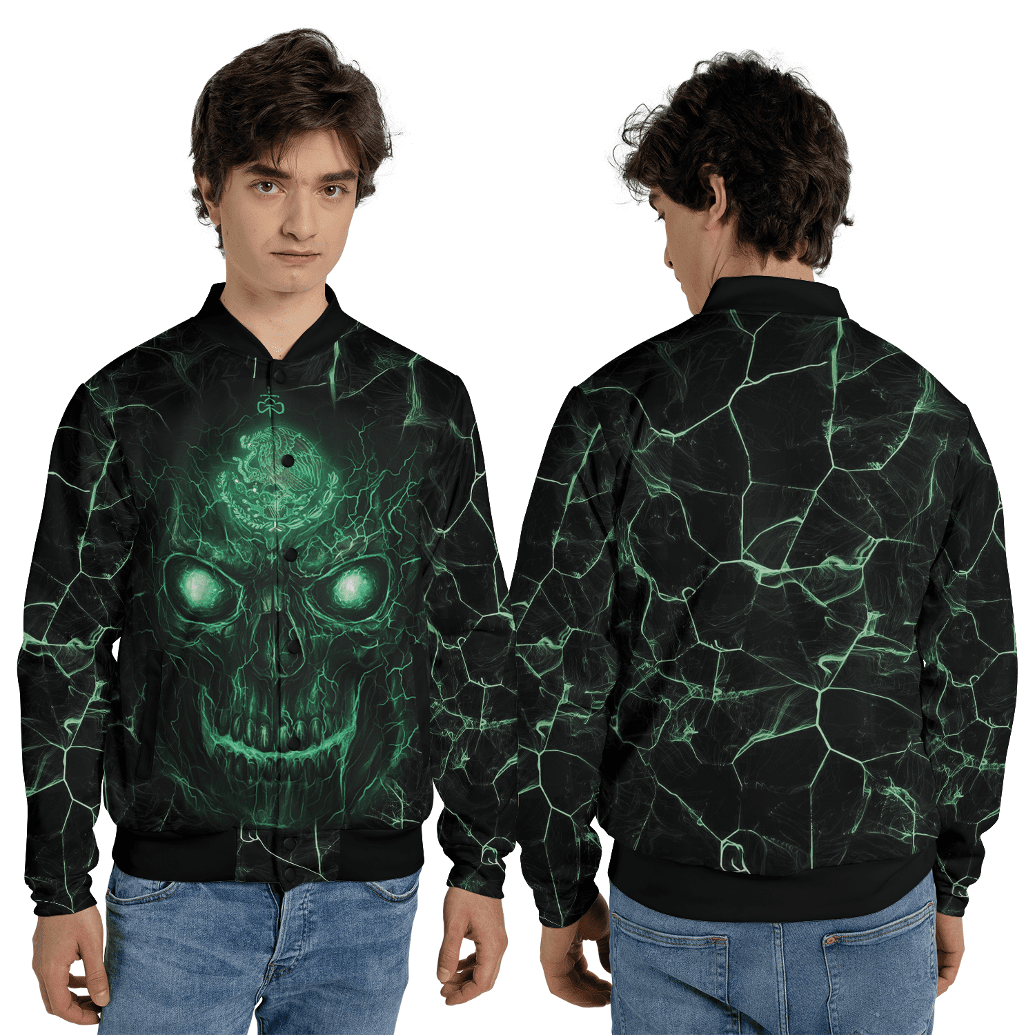 Green Lightning Skull Coat, Electric Eyes Skull Graphic Jacket, Dark ...