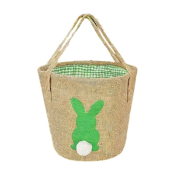Green Linen Rabbit Round Bucket Tote Bag, Easter Gift Bag For Kids With ...