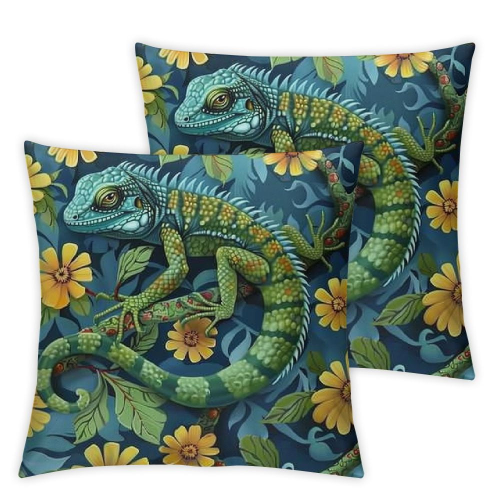 Green Lizard Pillow CoverCartoon Jungle Tropical Palm Leaves Flowers ...
