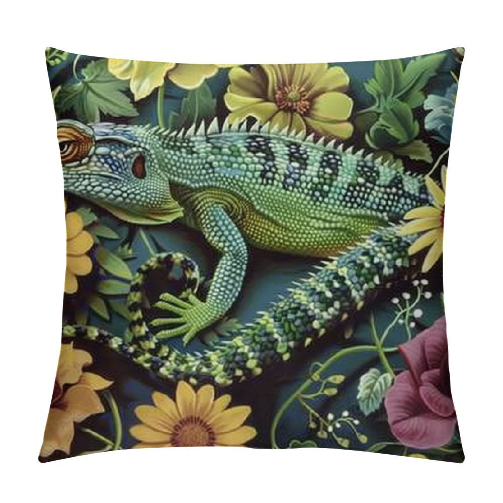 Green Lizard Pillow Covers Inch Cartoon Jungle Tropical Palm Leaves ...