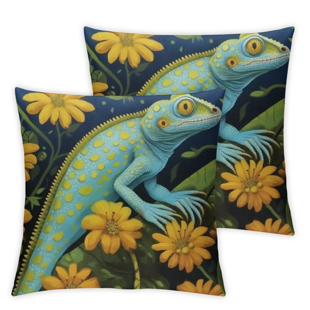Green Lizard Pillow CoversCartoon Jungle Tropical Palm Leaves Flowers ...