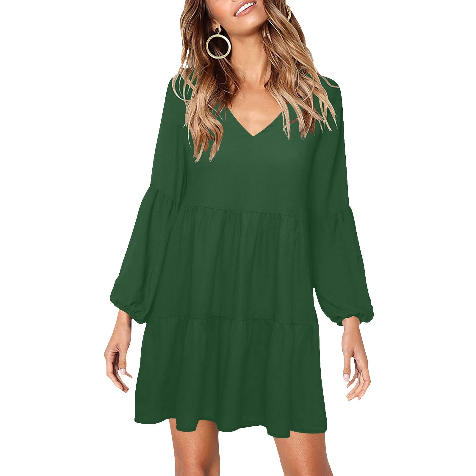 Green Loose Fit Dress Ensemble (Size:XL; Style:Green V-Neck Loose Fit ...