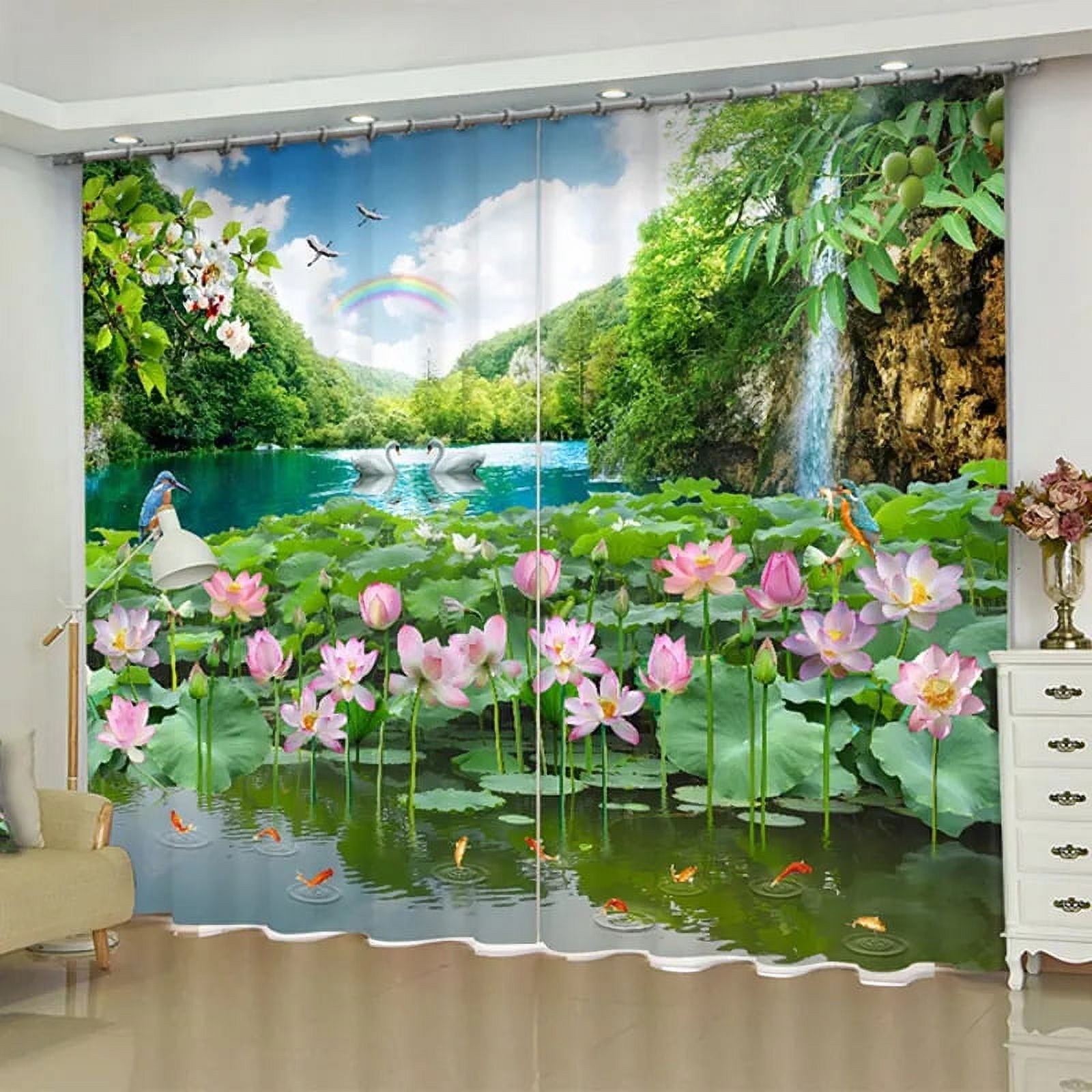 Green Lotus Flower Printed Curtain for Bedroom Living Room Floor-to ...