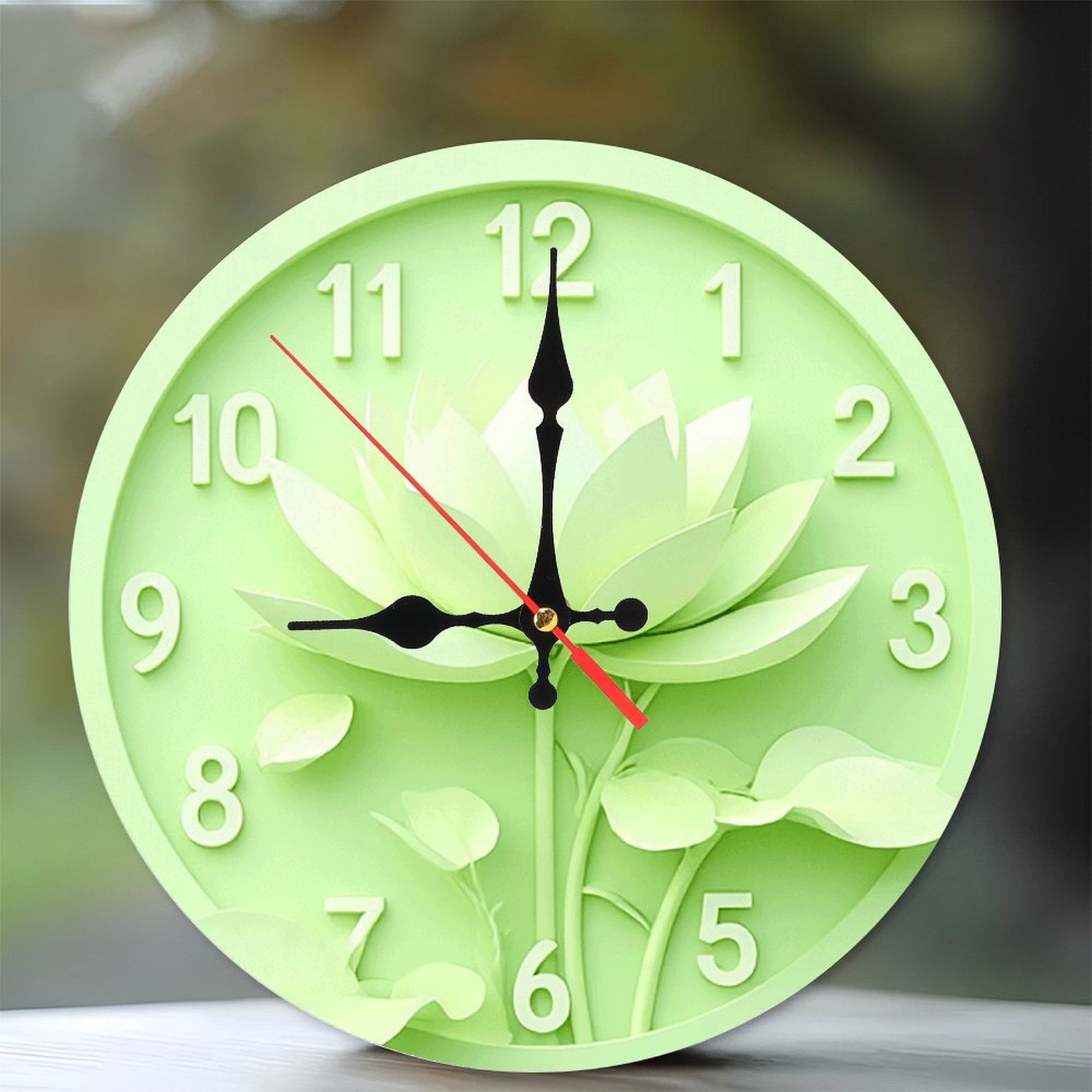 Green Lotus Flower Wall Clock Home Decor 10-Inch Silent Wooden Wall ...