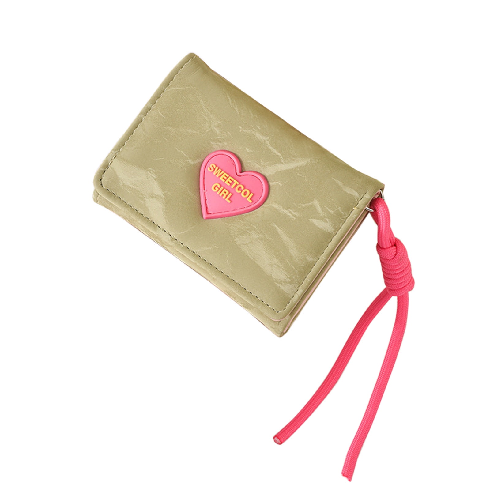 Green Love Heart Pattern Mini Wallet, Short Tri-fold Purse with Hand ...