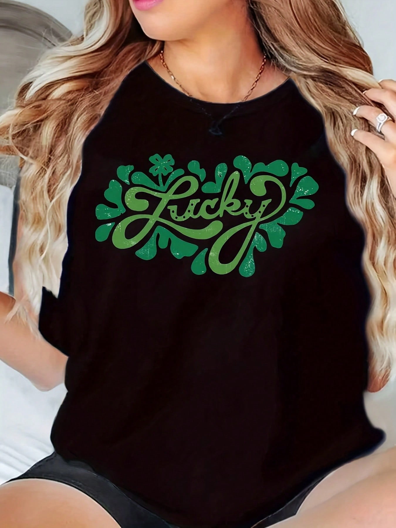 Green Lucky Script Clover Graphic for Women Short Sleeve Casual T-Shirt ...