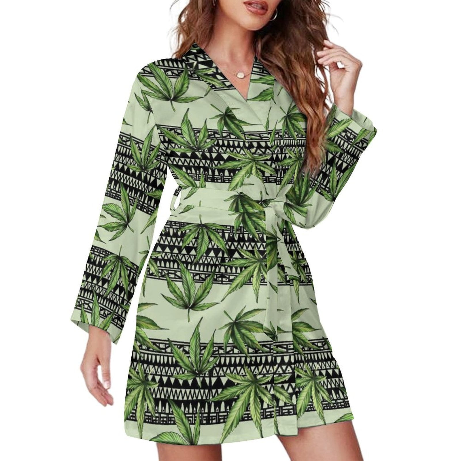 Green Maple Leaves Seamless Pattern Night Robe Long Sleeve V Neck Robe ...