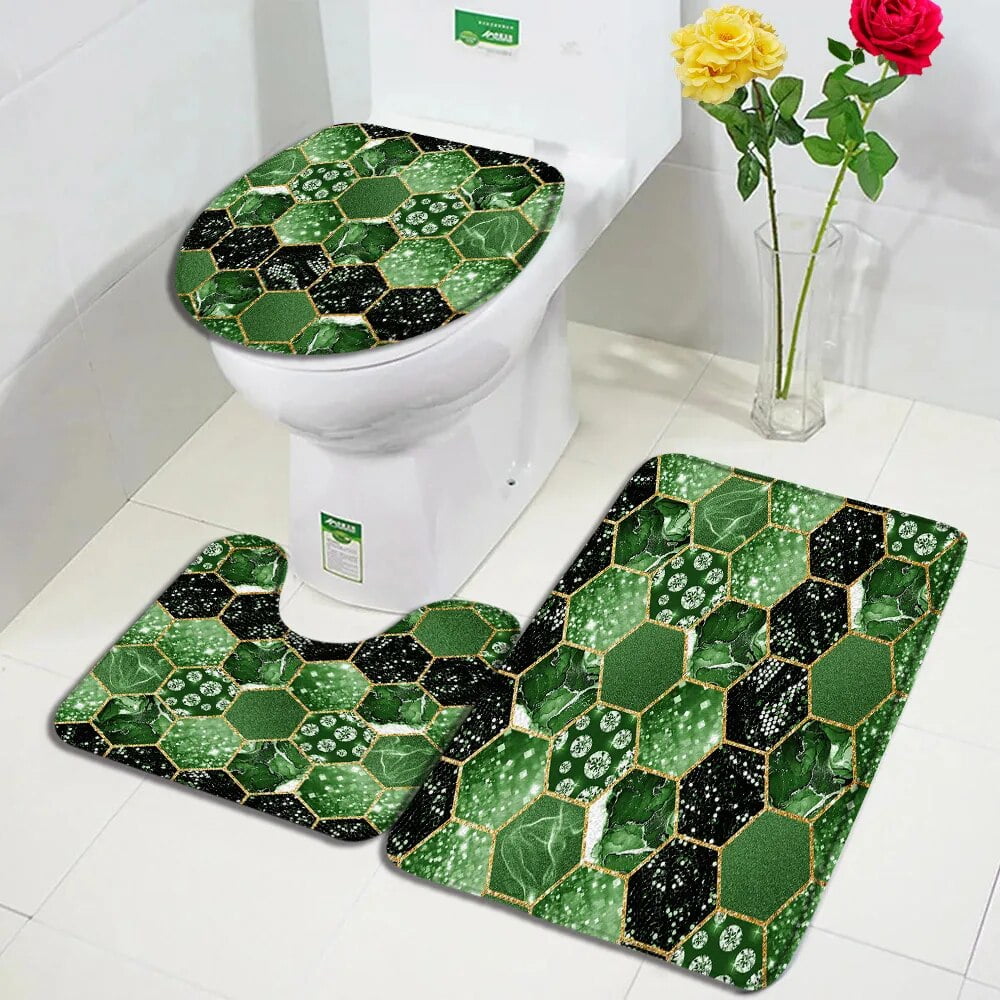 Green Marble Bath Mat Set Gold Line Creative Art Pattern Modern Hoem ...