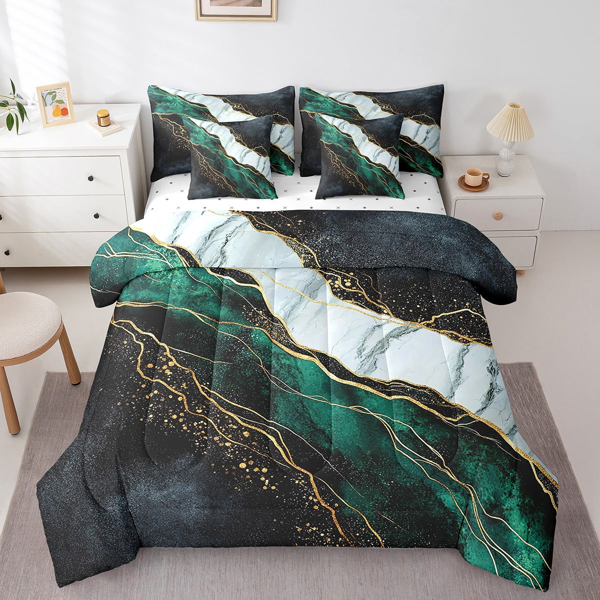 Green Marble Bedding Set For Teens Adults Golden Marbling Texture ...