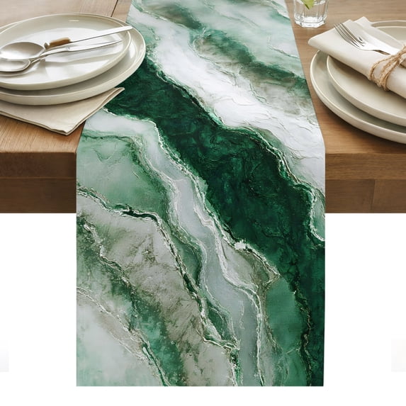 Green Marble Cotton Linen Table Runner Abstract Stone Modern Luxury ...