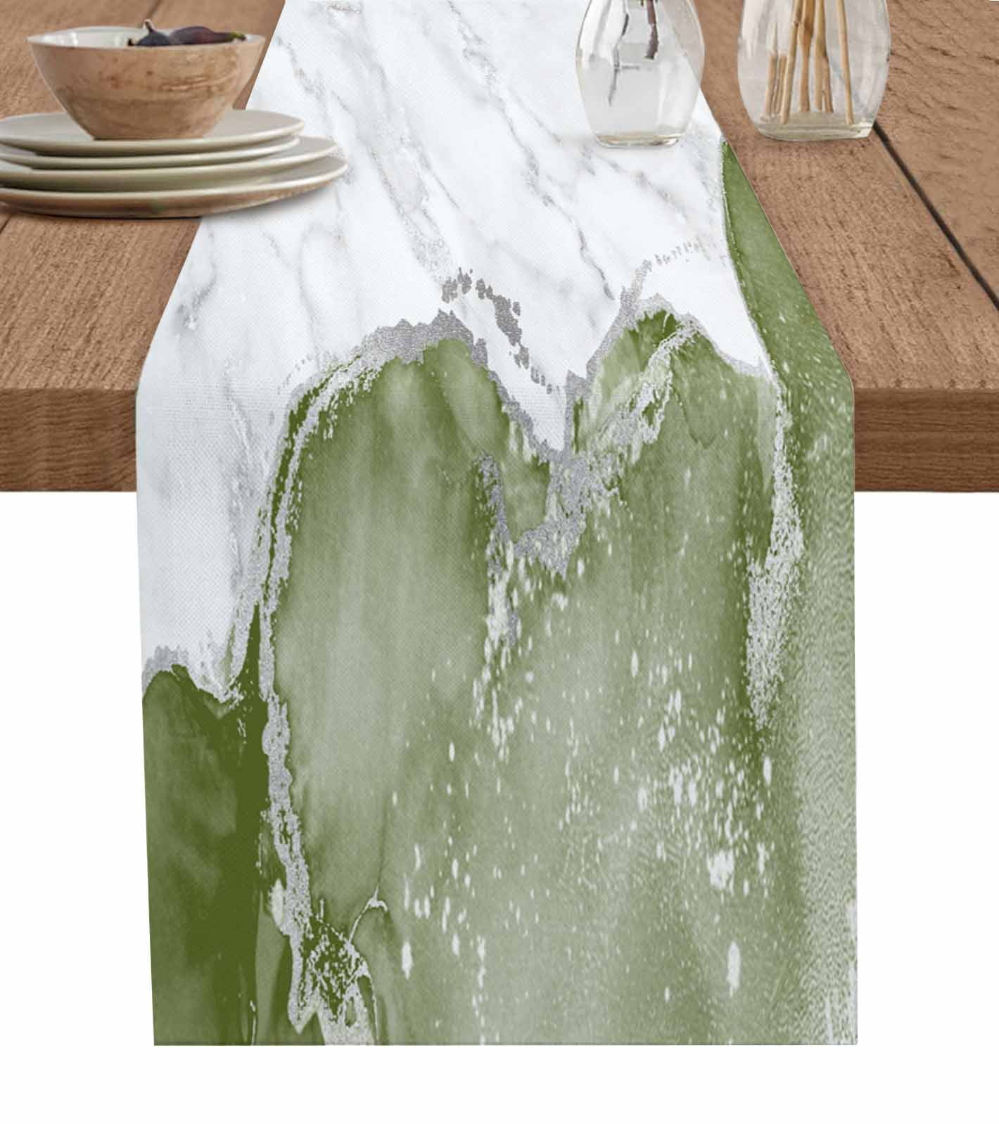Green Marble Crack Short Table Runners 48 Inches, Cotton Linen Fabric ...