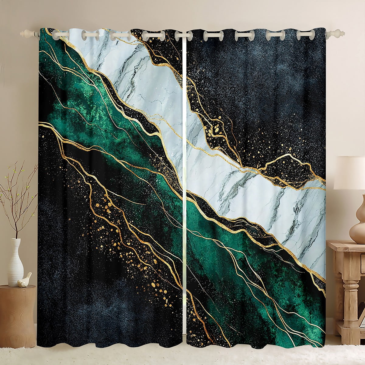 Green Marble Curtains & Drapes For Teens Adults Golden Marbling Texture ...