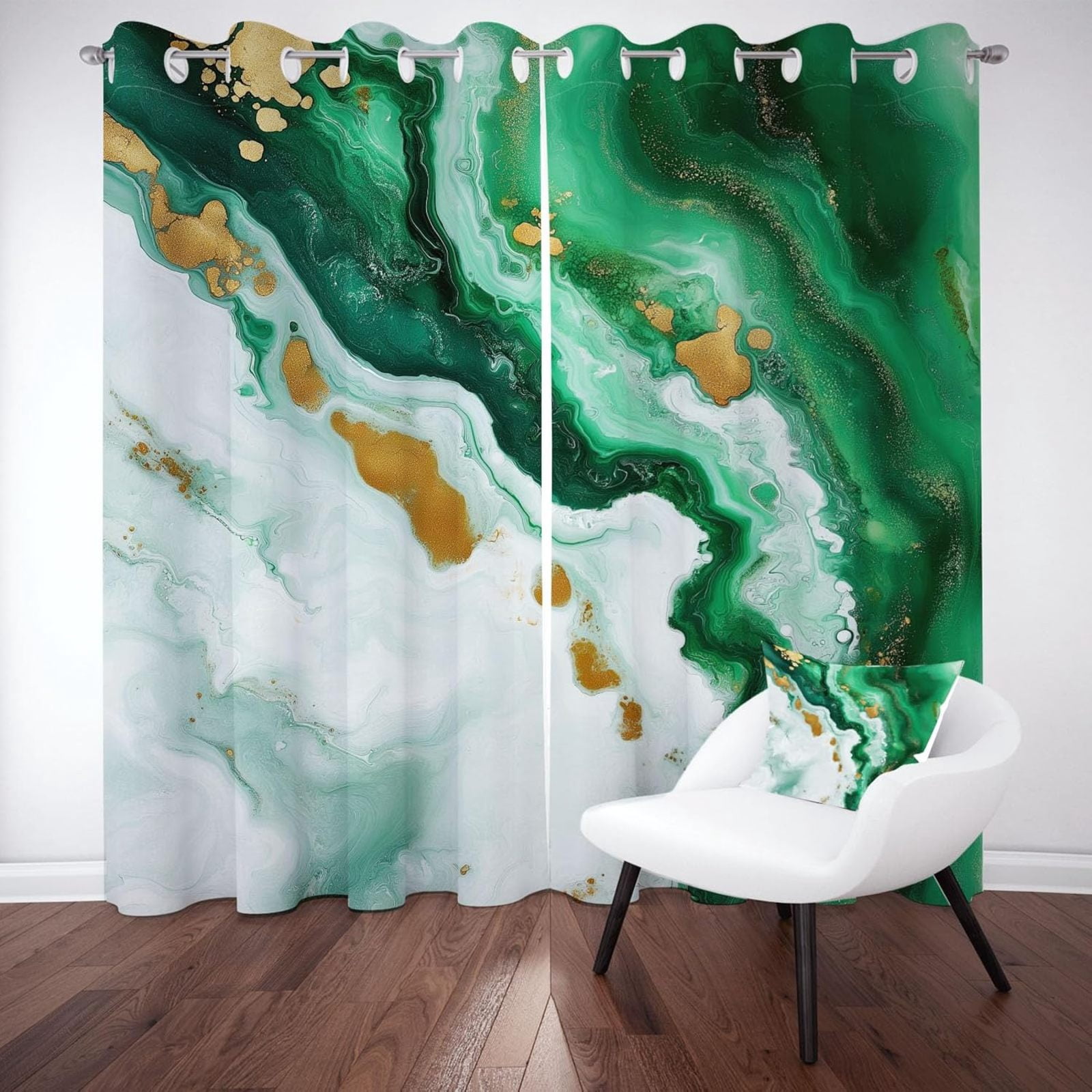 Green Marble Grommet Curtains, Modern Aesthetic Blackout Curtain ...