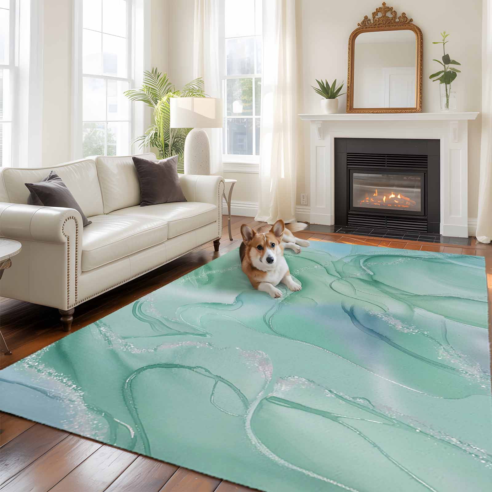 Green Marble Large Area Rugs 5x8 ft Teal Aqua Marble Abstract Art Water ...