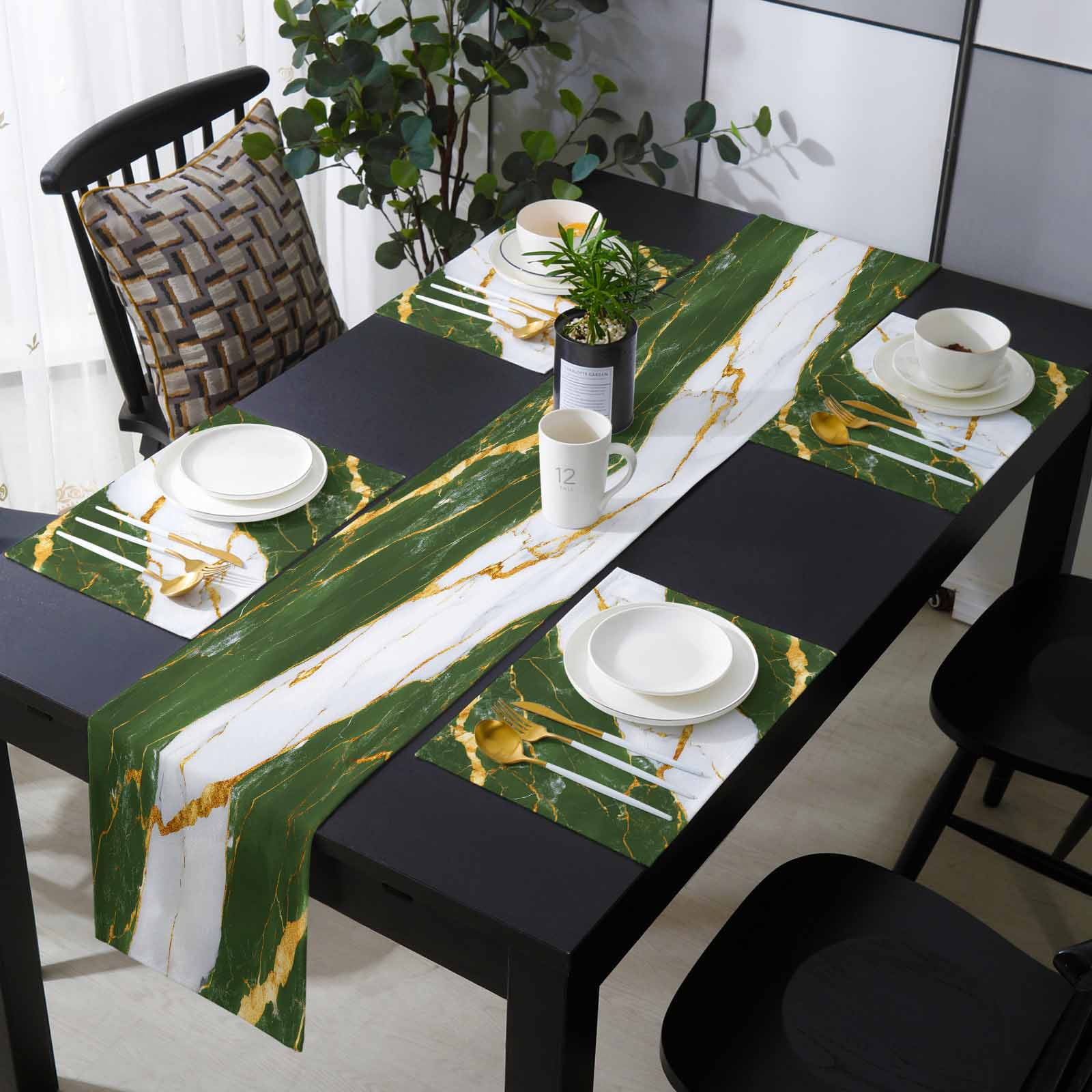 Green Marble Placemats Set of 6 with 70 Inches Long Table Runners ...